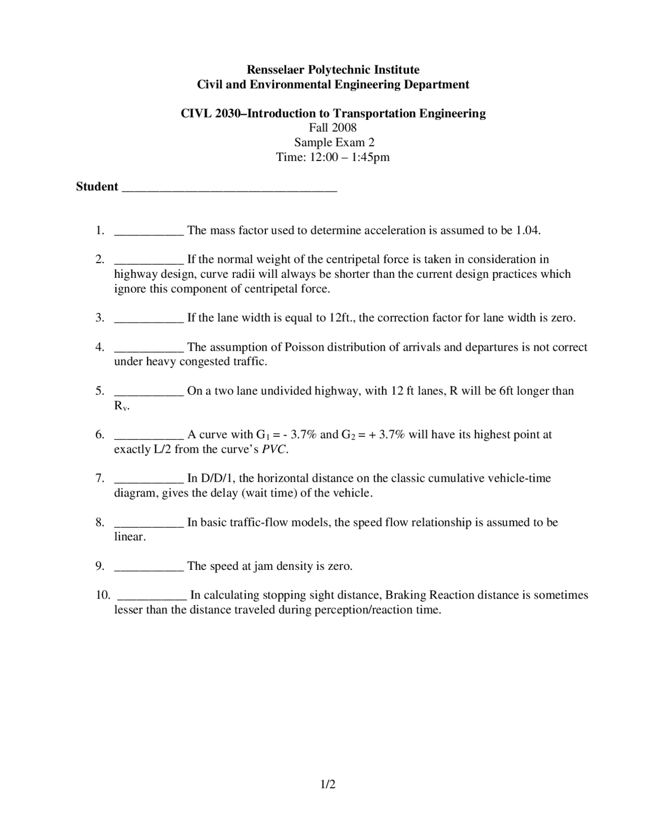 Sample Exam 2 Introduction To Transportation Engineering Civl 2030