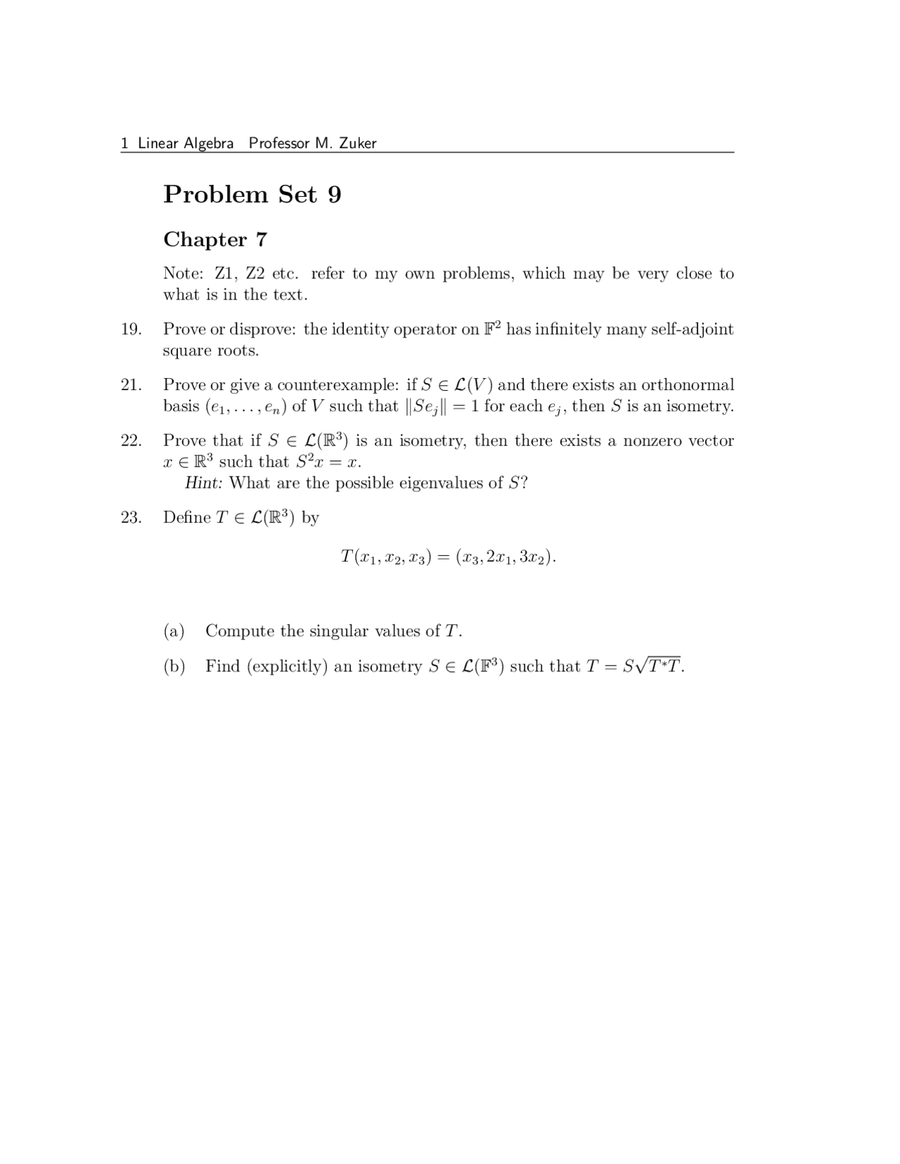 Problem Set 9 For Linear Algebra Math 4100 Docsity