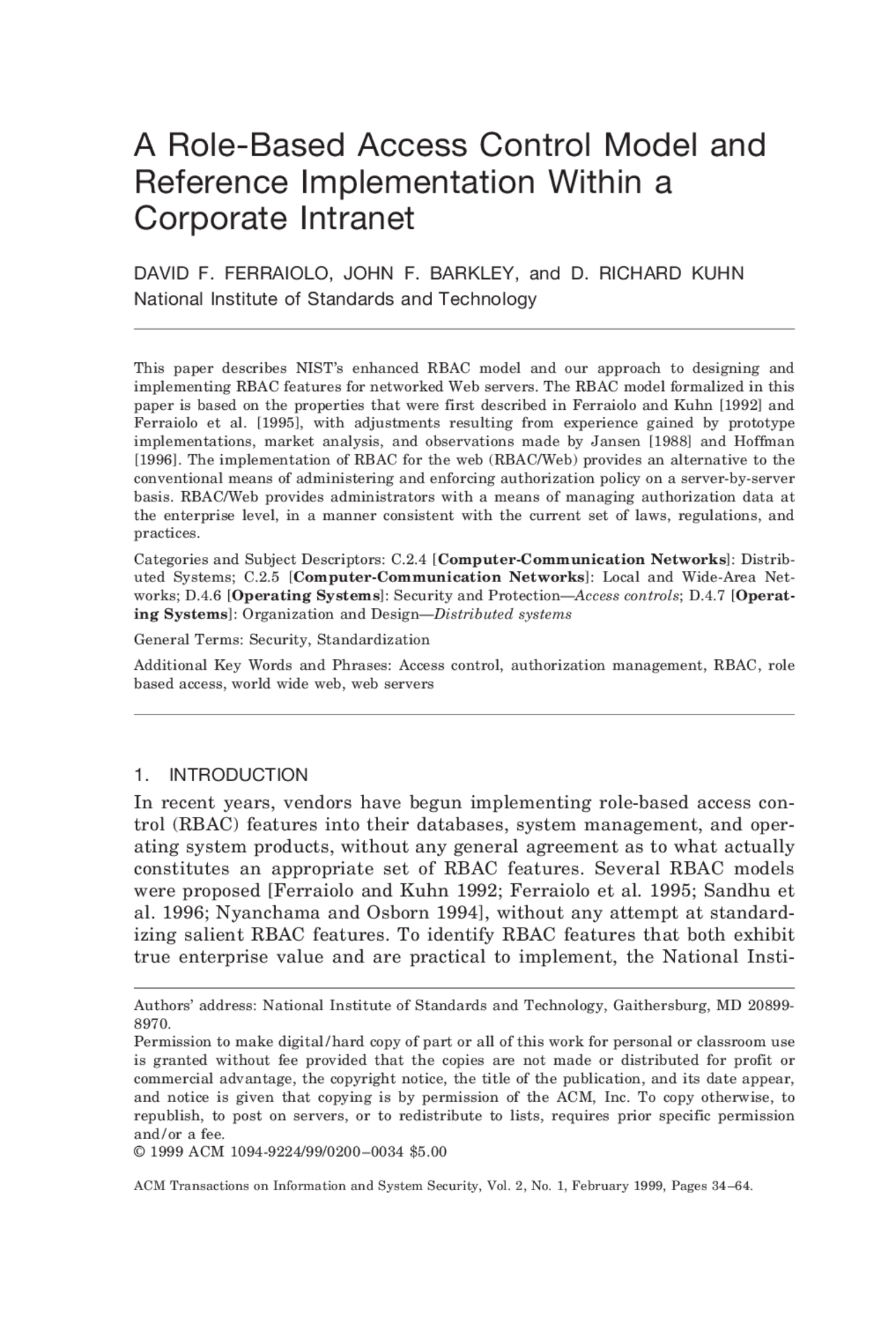 A Role Based Access Control Model And Reference Implementation Within A Corporate Intranet Cse