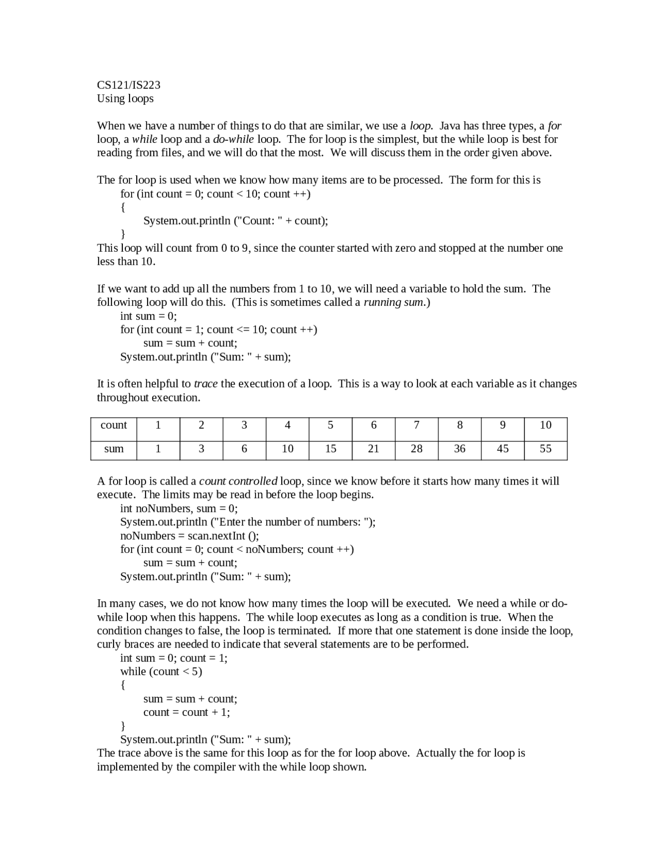 For, While and the Do While Loop Types of the Java | CS 121 - Docsity