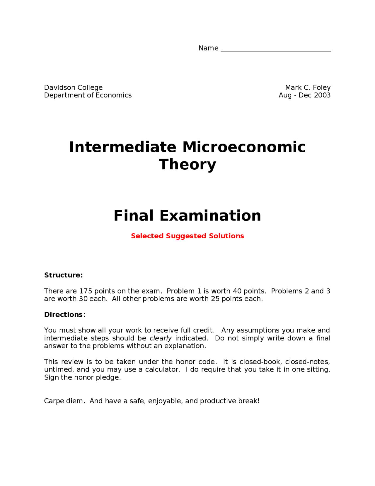 Solutions For Final Exam Intermediate Microeconomic Theory Eco 202
