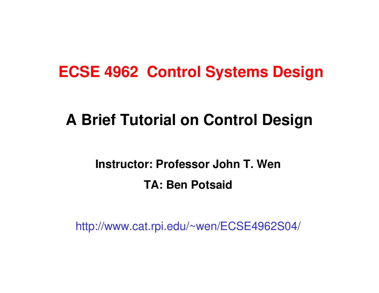 Control System Design Lecture Notes Ecse 4962 Docsity