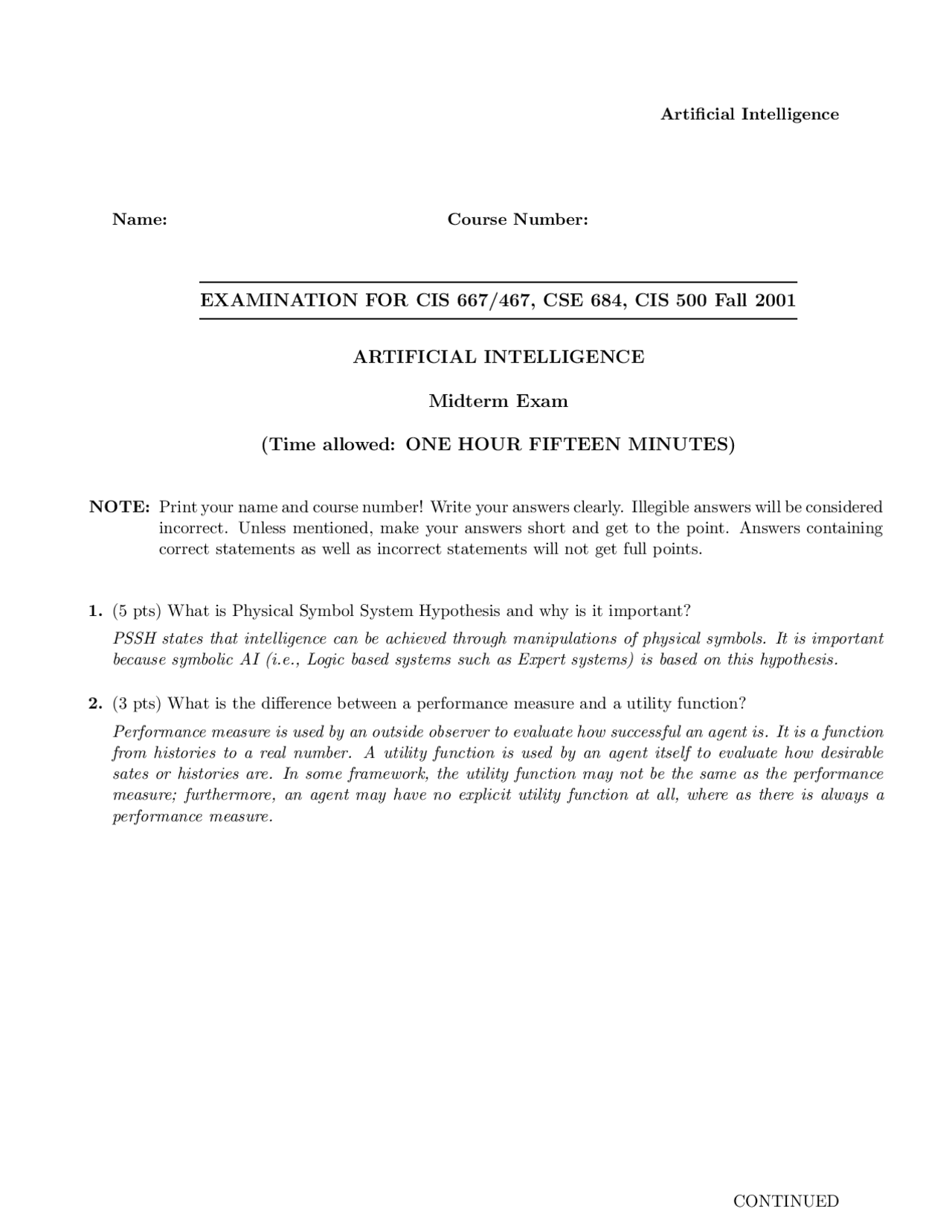 Sample Midterm Exam Introduction To Artificial Intelligence Cis 667 Exams Computer Science