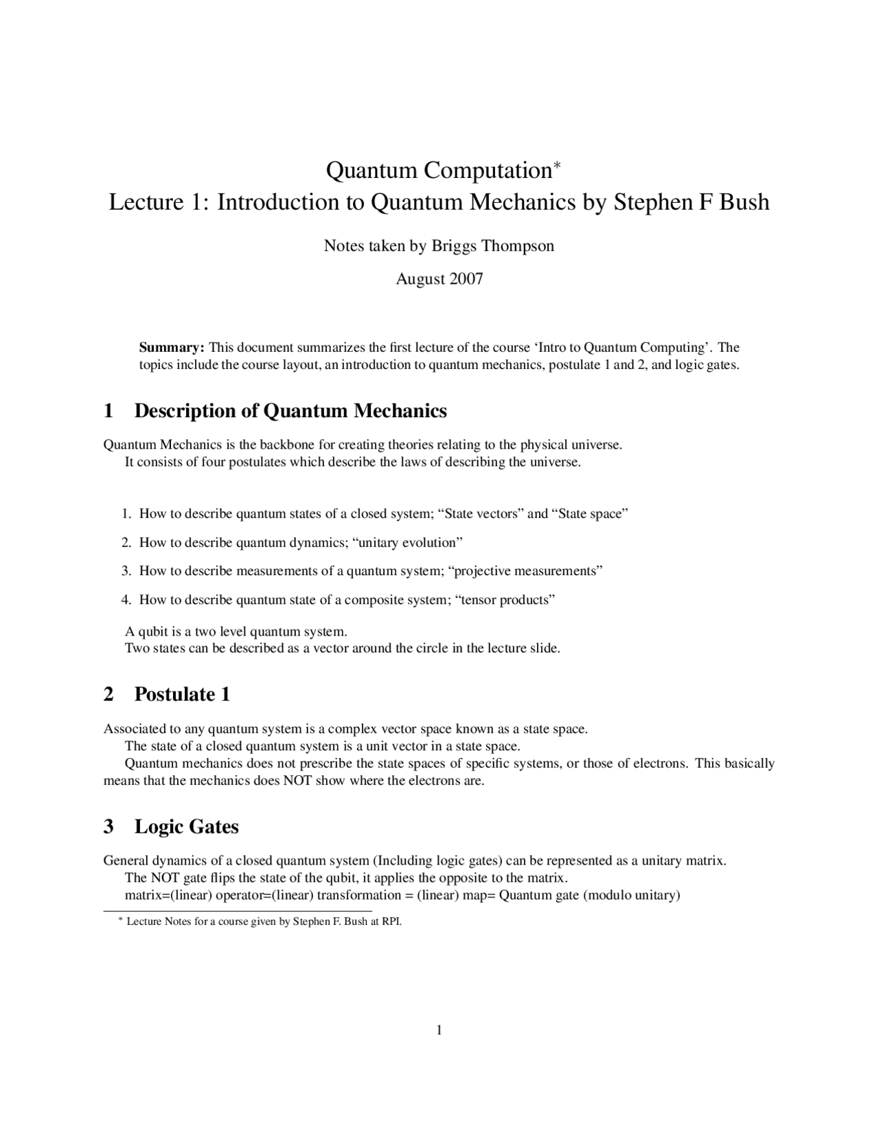 Introduction to Quantum Mechanics - Lecture Notes | CSCI 4967 - Docsity