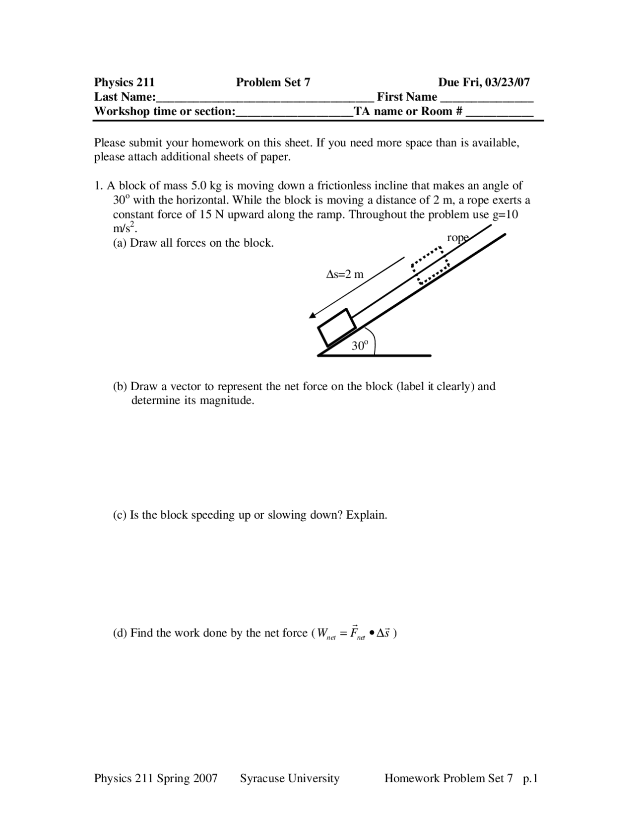 General Physics I Problem Set 7 Questions Phy 211 Docsity
