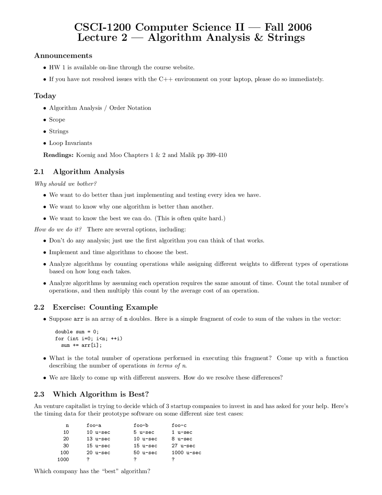 Lecture 3 For Algorithm Analysis And Strings Csci 1200 Docsity 2843
