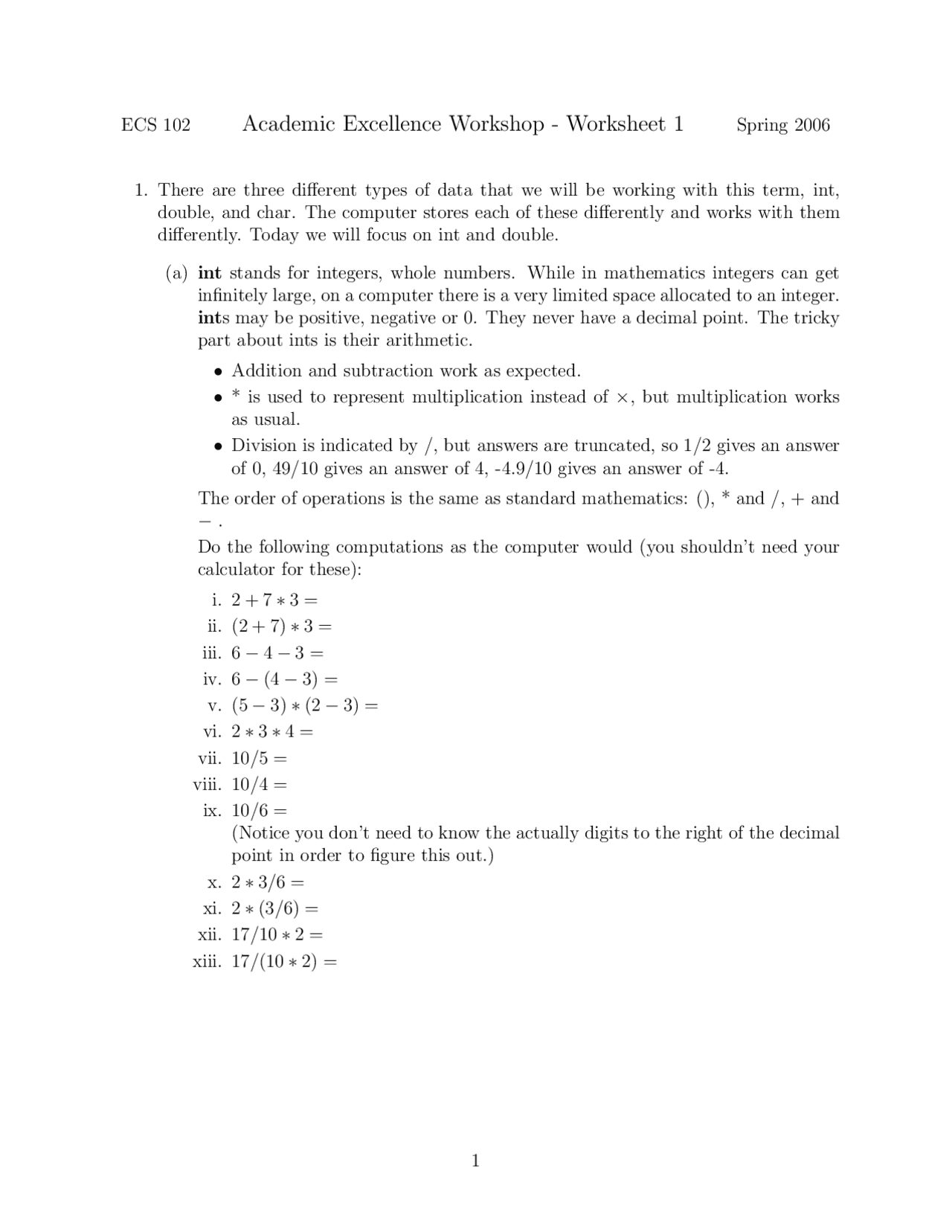 Academic Excellence Workshop Worksheet 1 Ecs 102 Docsity