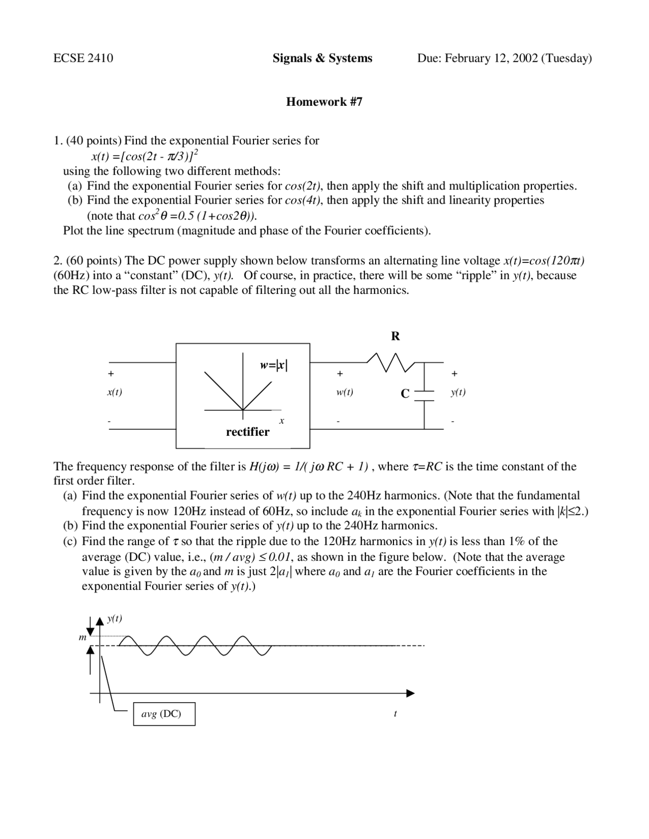 Homework 7 Problems Signals And Systems Ecse 2410 Docsity