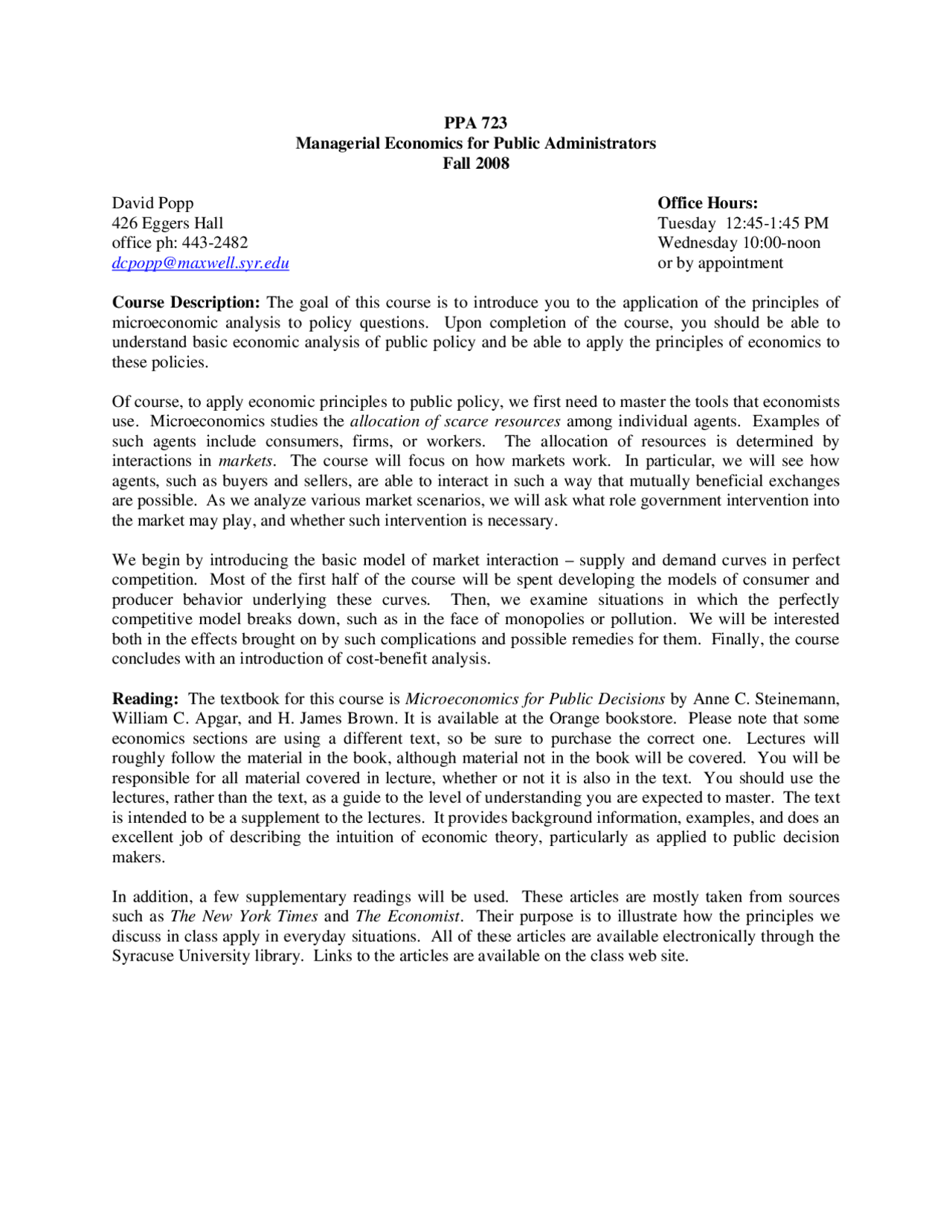 Managerial Economics for Public Administrators: Fall 2008 Course Outline - Prof. David Pop ...