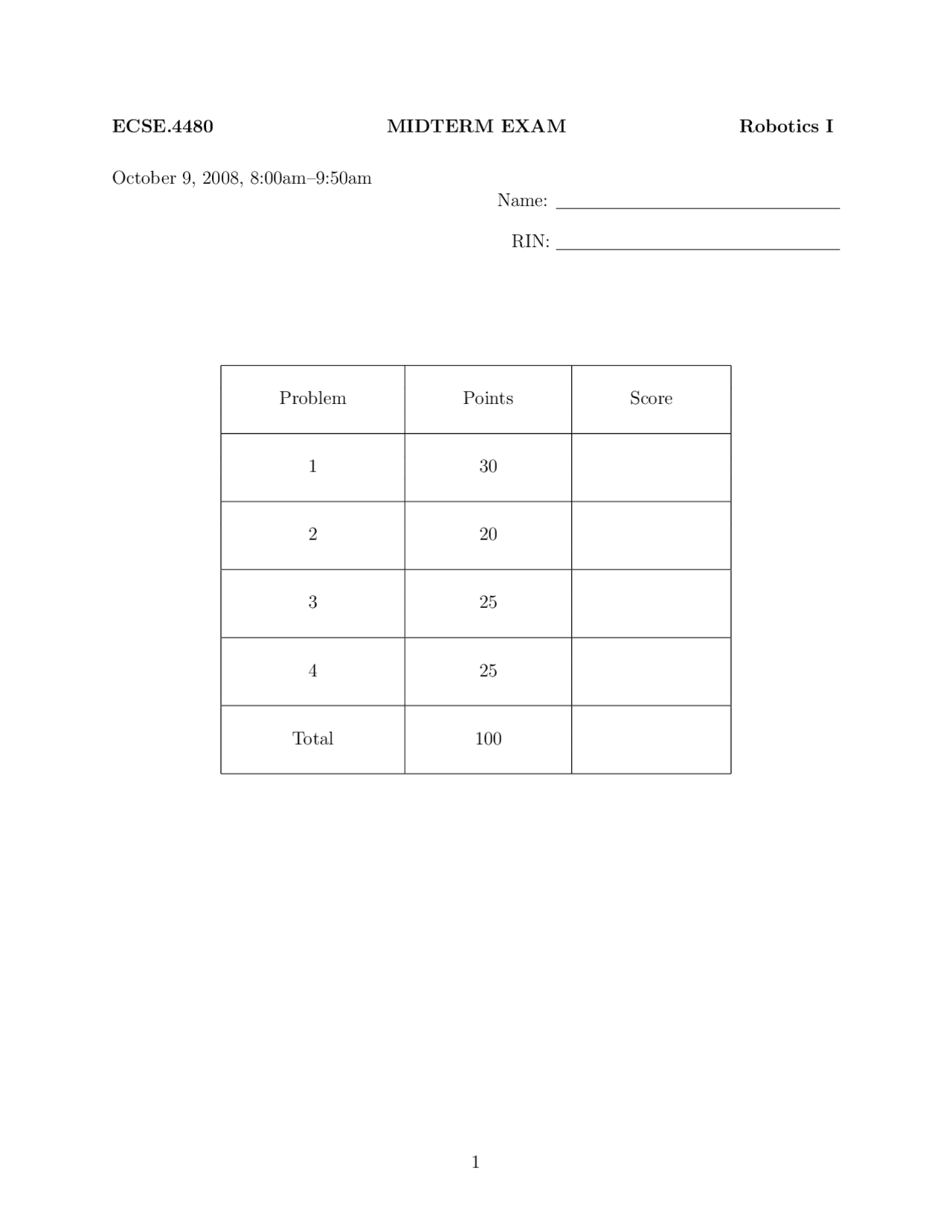 Midterm Exam 1 For Robotics I Ecse 4480 Docsity