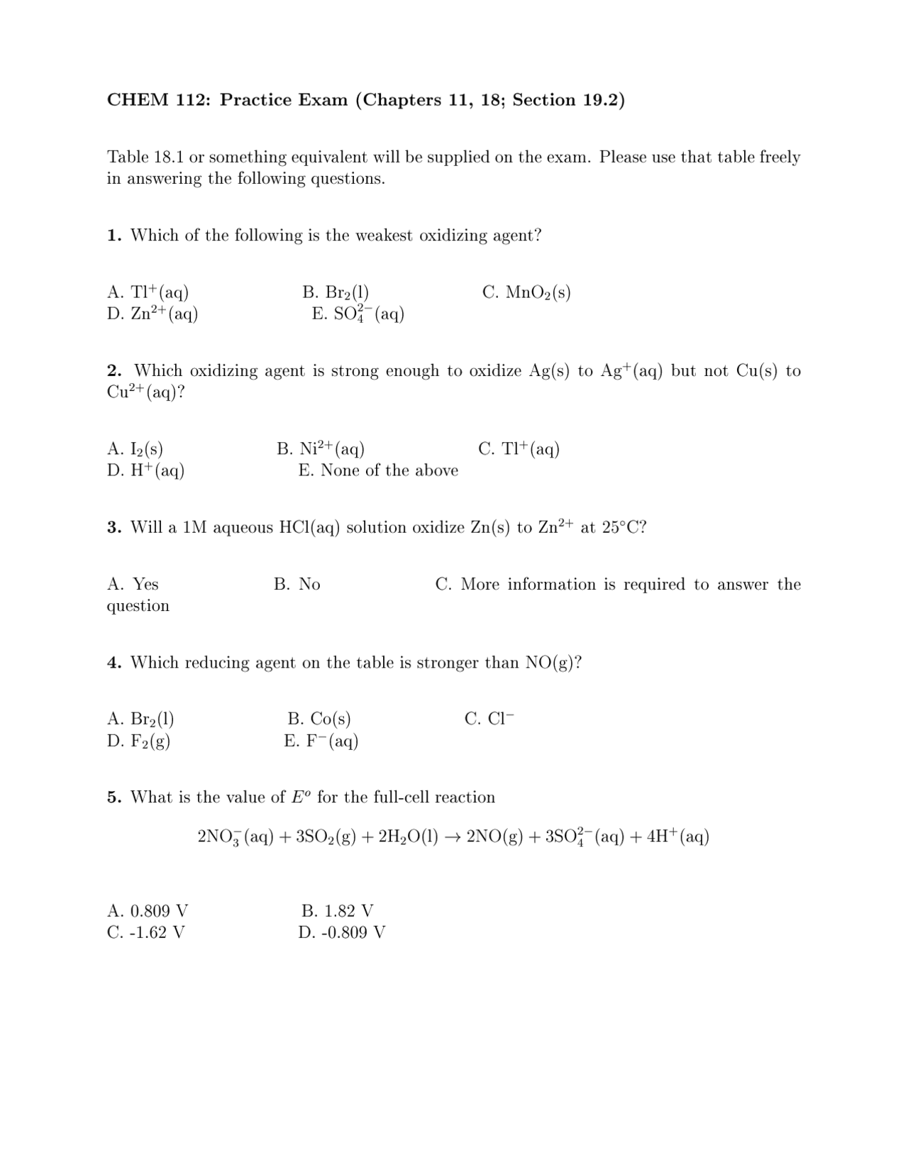 16 MCQs with Answers Key on General Chemistry II - Practice Exam | CHEM ...