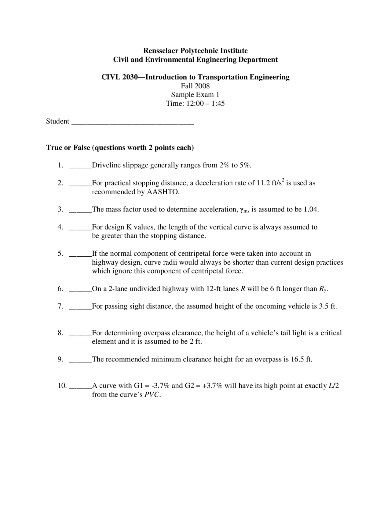 Sample Exam 1 On Introduction To Transportation Engineering Civl 2030