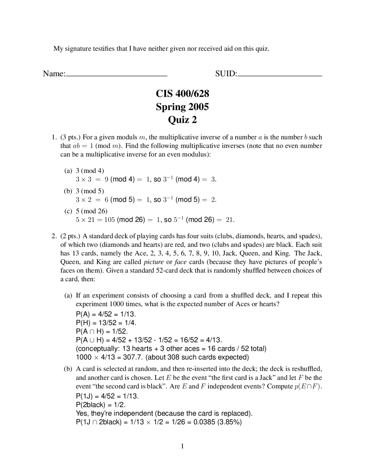 Quiz 2 Solutions Introduction To Cryptography Cis 628 Docsity