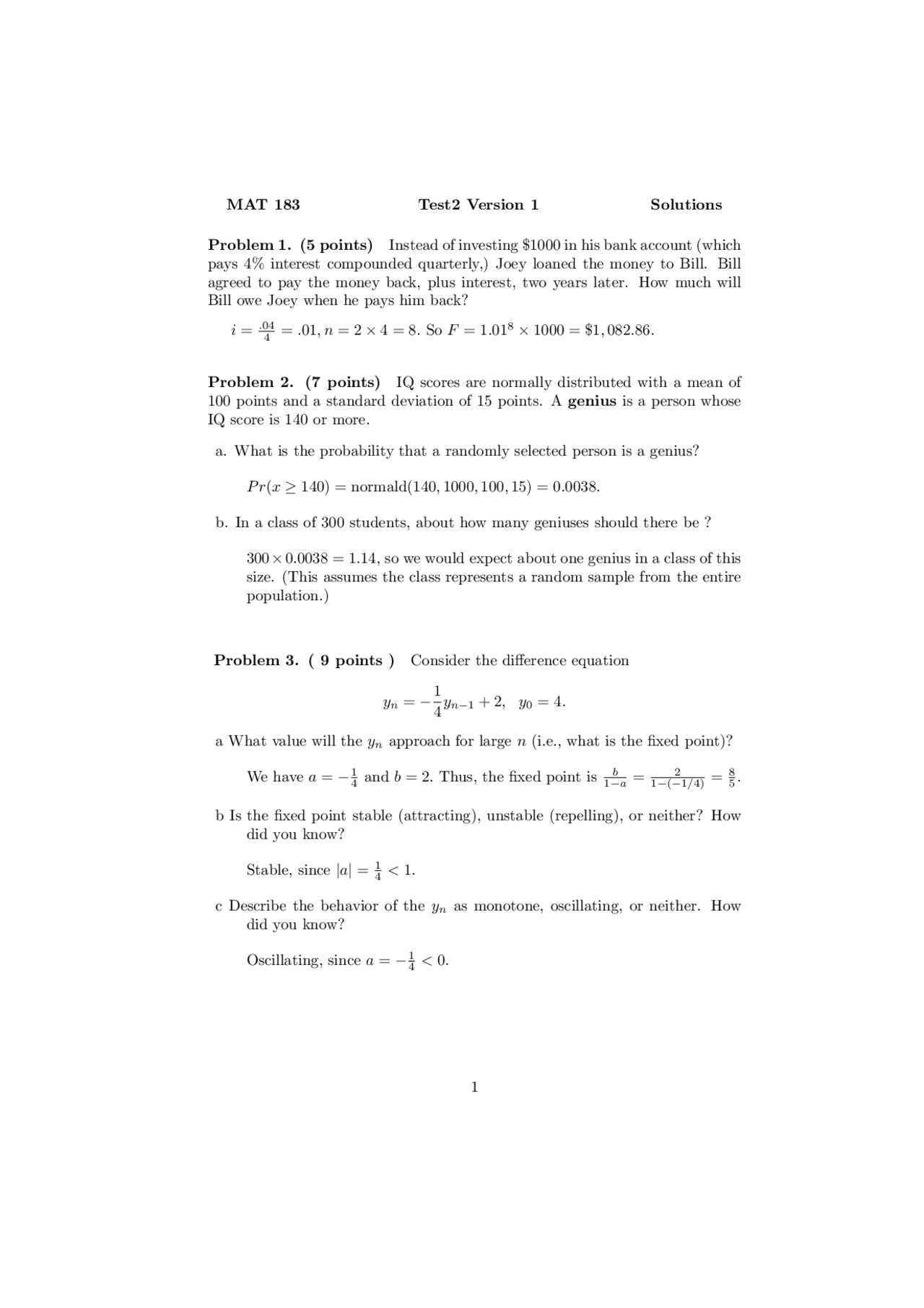 Test 2 Version 1 For Elements Of Modern Mathematics Mat 183 Docsity