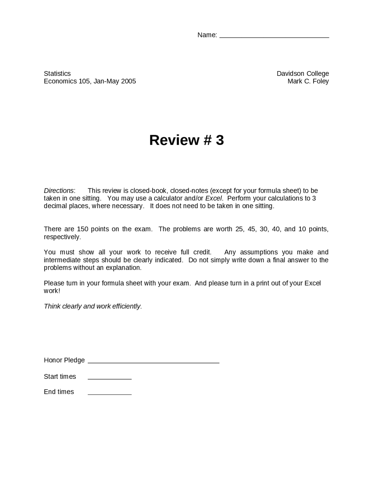 Exam 3 Review Statistics Fall 2005 Eco 105 Docsity