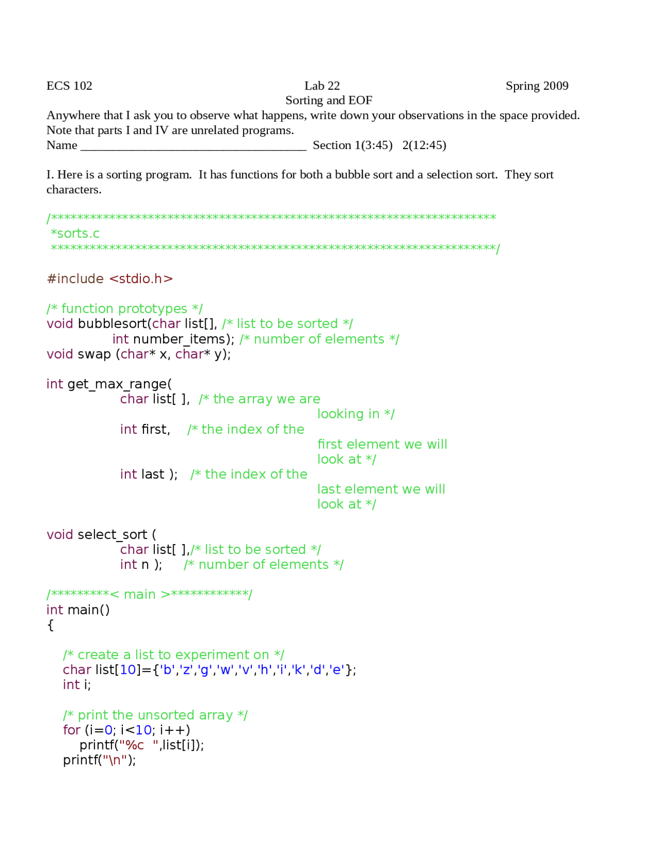 Sorting Algorithms Lab: Bubble Sort, Selection Sort, and EOF - Prof. Marjory Baruch | Lab ...