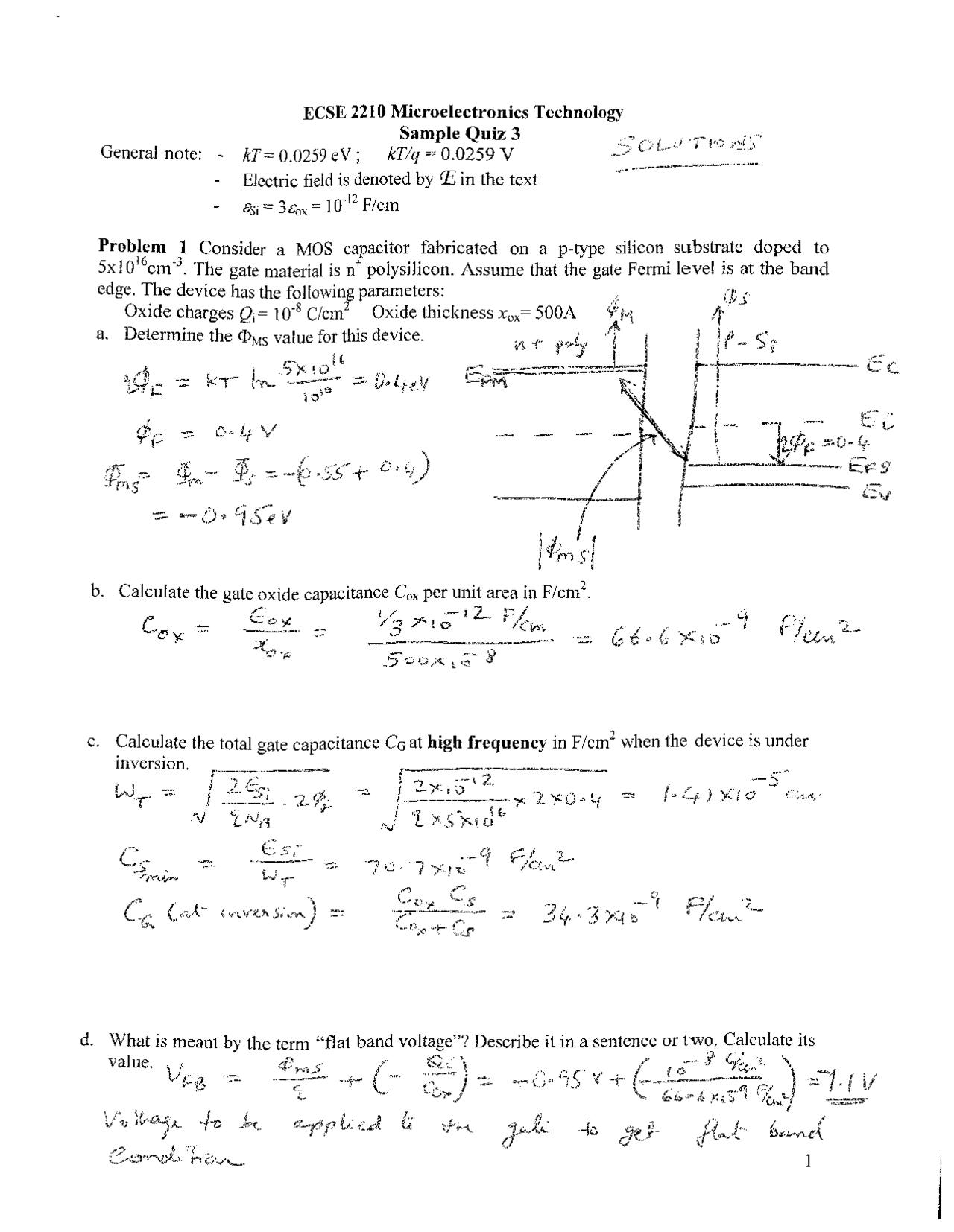 Sample Quiz 3 With Solutions Microelectronics Technology Ecse 2210