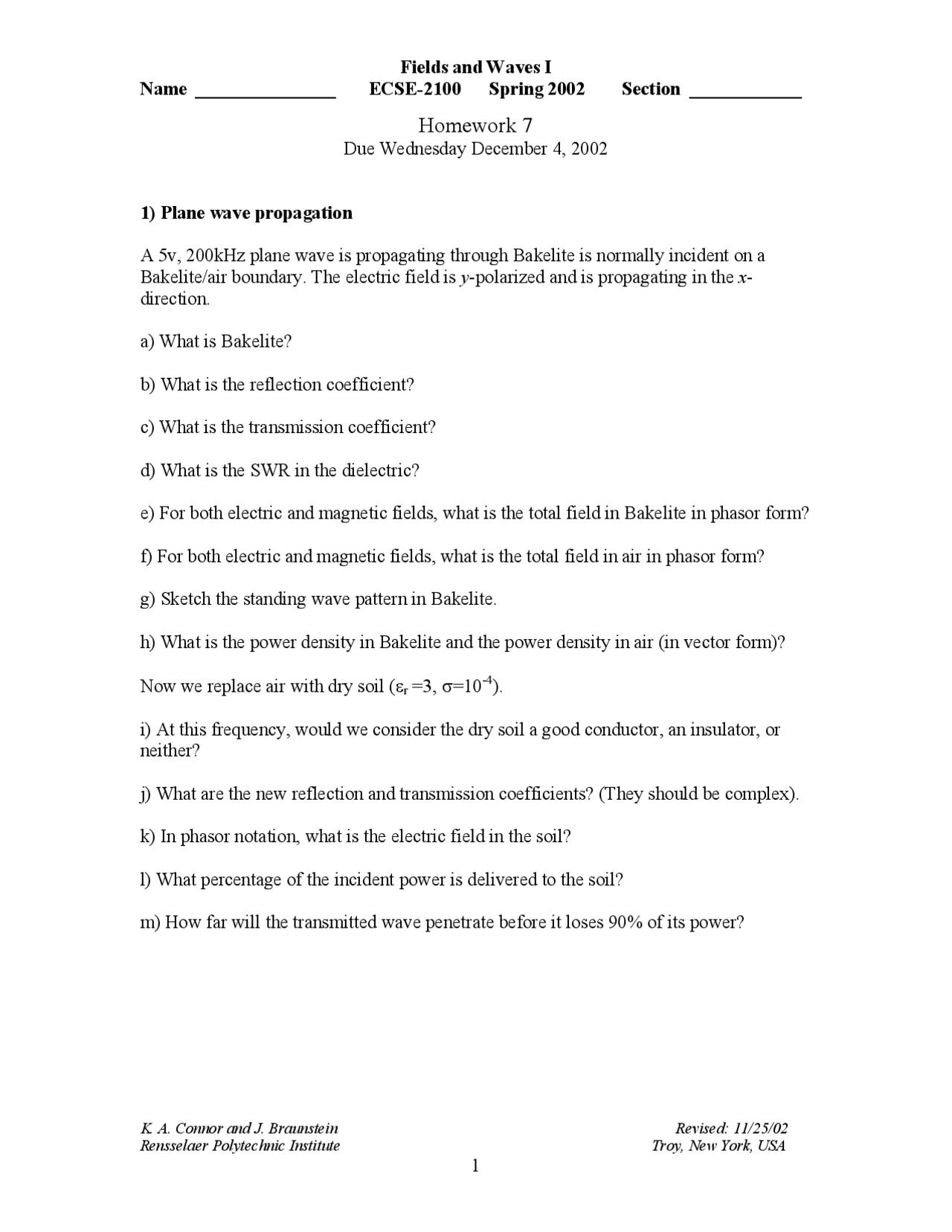 4 Questions On Field And Waves I Assignment 7 Ecse 2100 Docsity