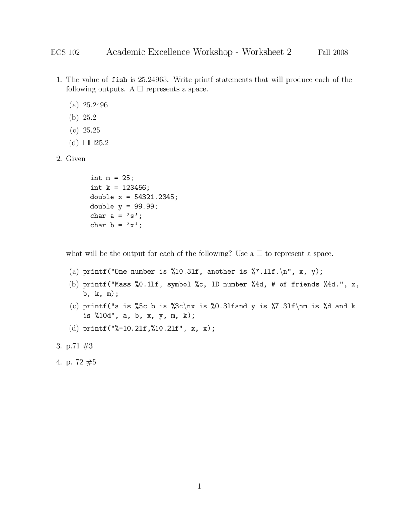 Introduction To Computing Worksheet Ii Ecs 102 Docsity