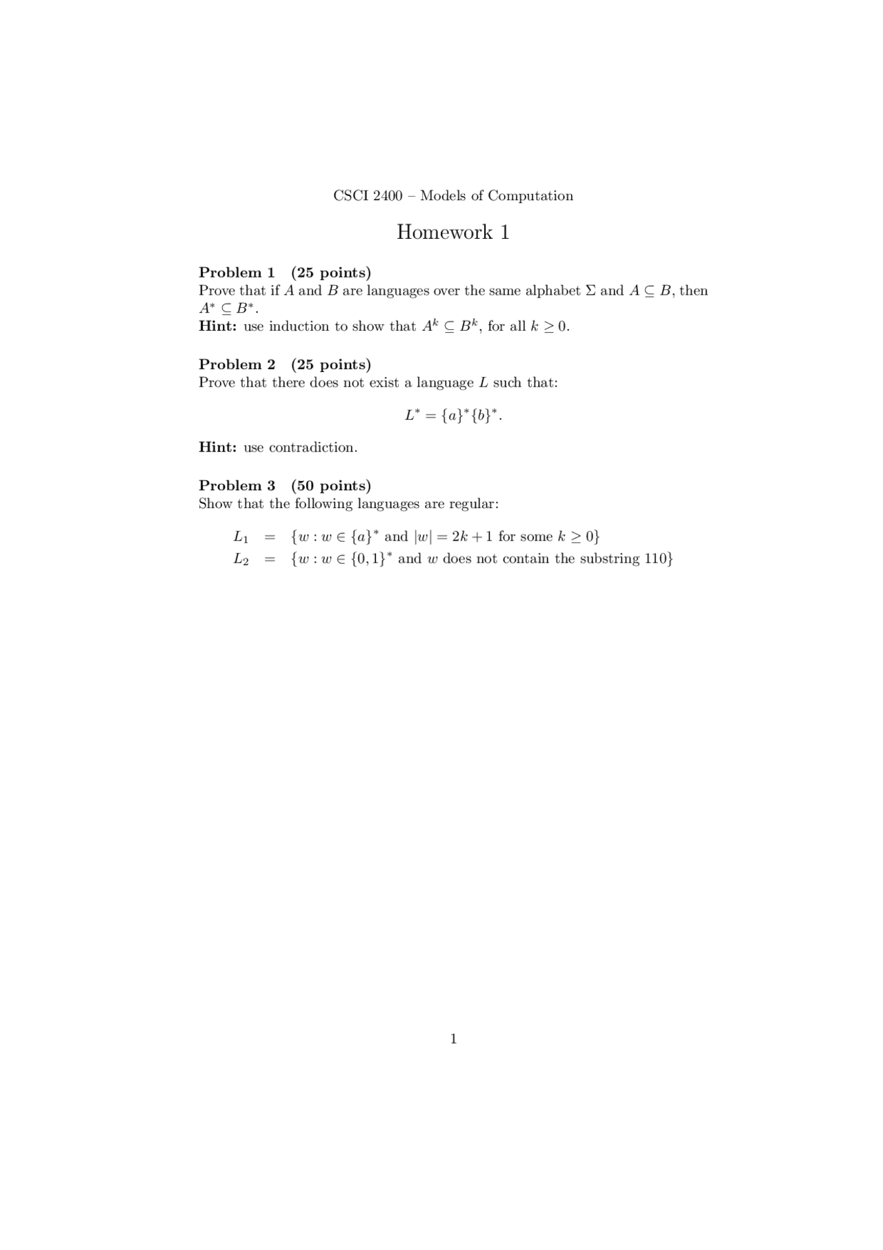 Homework 1 With 3 Problems On Models Of Computation Csci 2400 Docsity