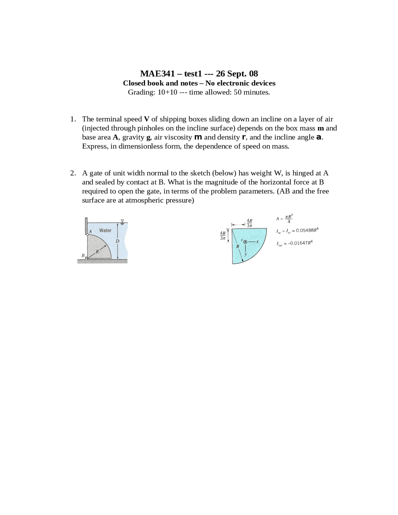 Fluid Mechanics - Old Exam 2008 | MAE 341 - Docsity