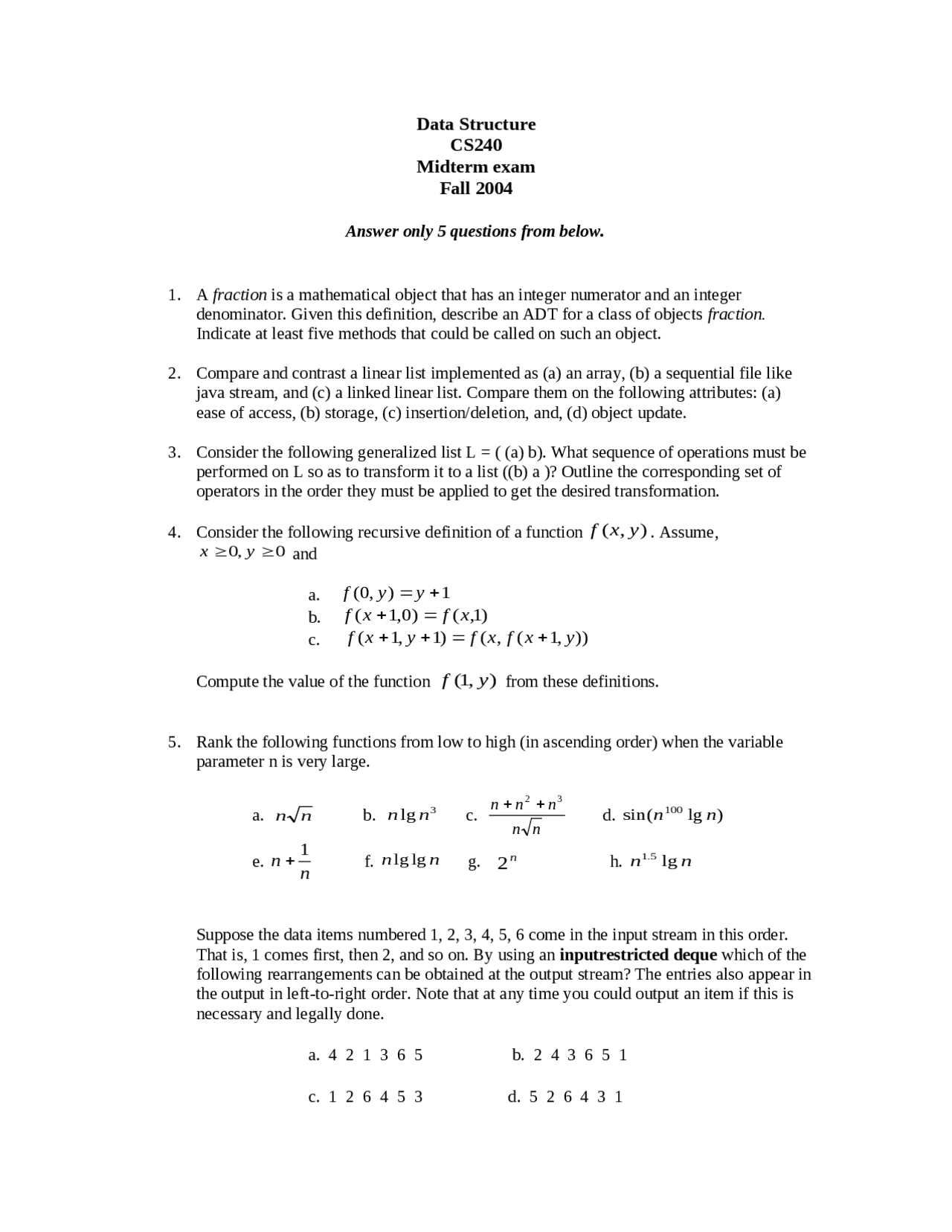 Midterm Exam I Data Structures And Algorithms Cs 240 Docsity 4073