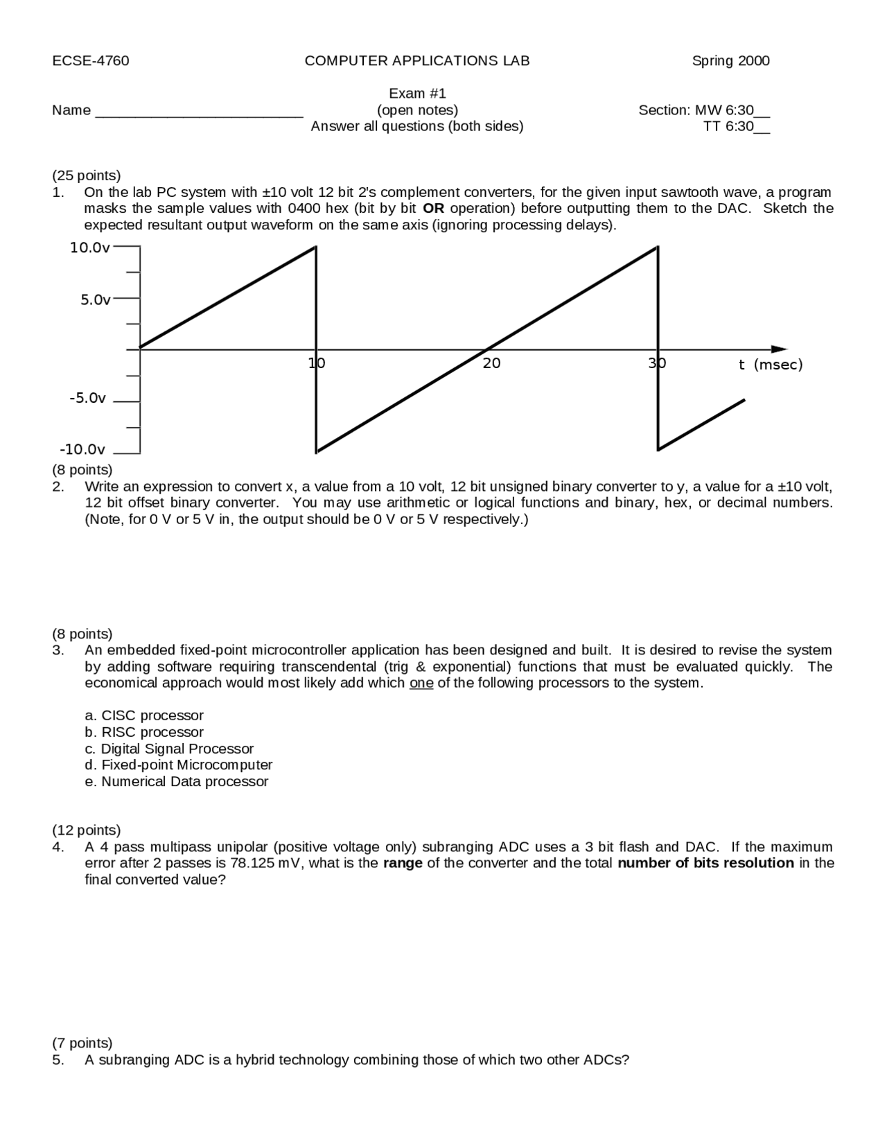 Computers Applications Lab Exam 1 Spring 2000 Ecse 4760 Docsity