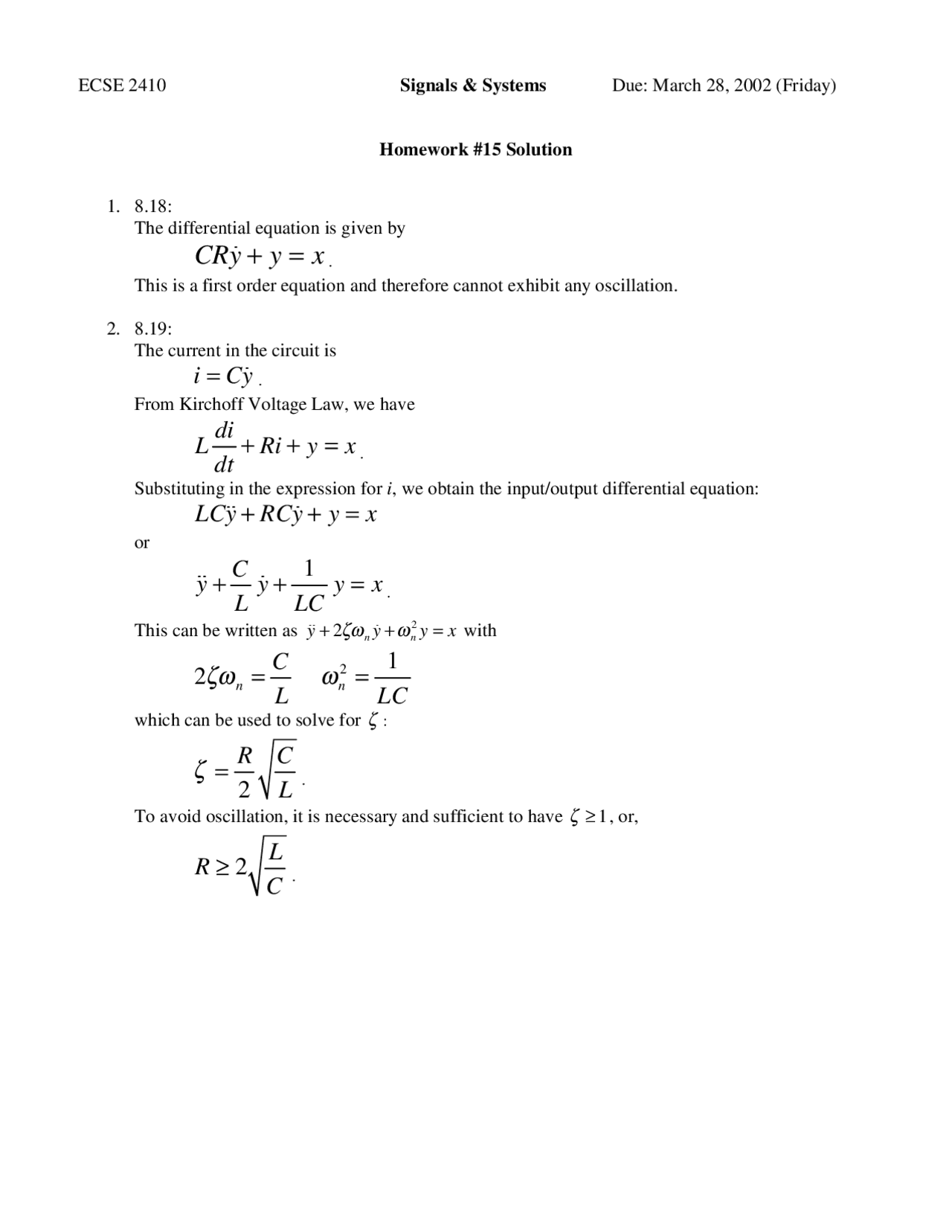 Homework 15 Solutions Signals And Systems Ecse 2410 Docsity