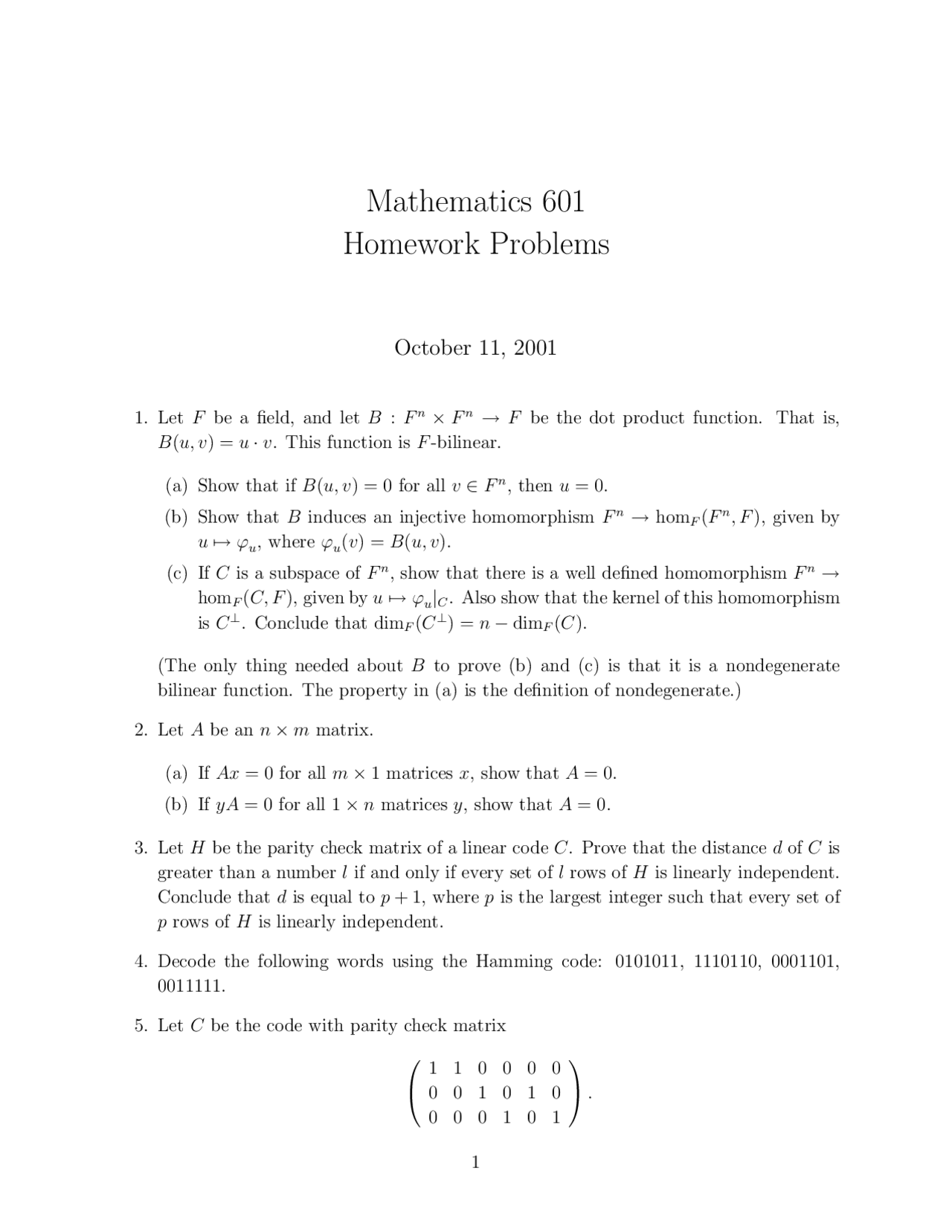 Homework Problems Special Topics Math 601 Docsity