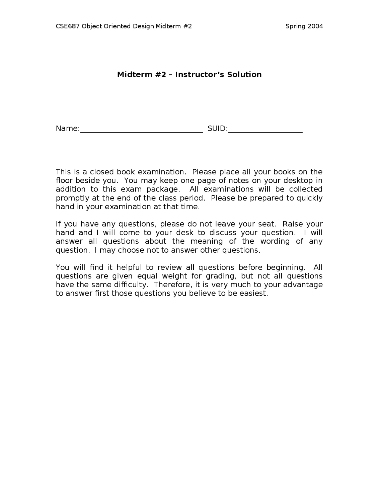 10 Problems on Object Oriented Design with Solution - Midterm 2 | CSE 687 - Docsity