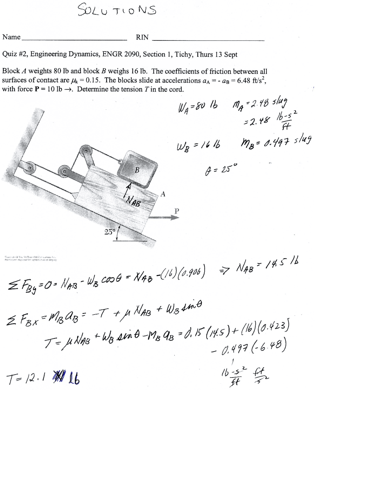 Engineering Dynamics Quiz 2 With Solution Engr 2090 Docsity