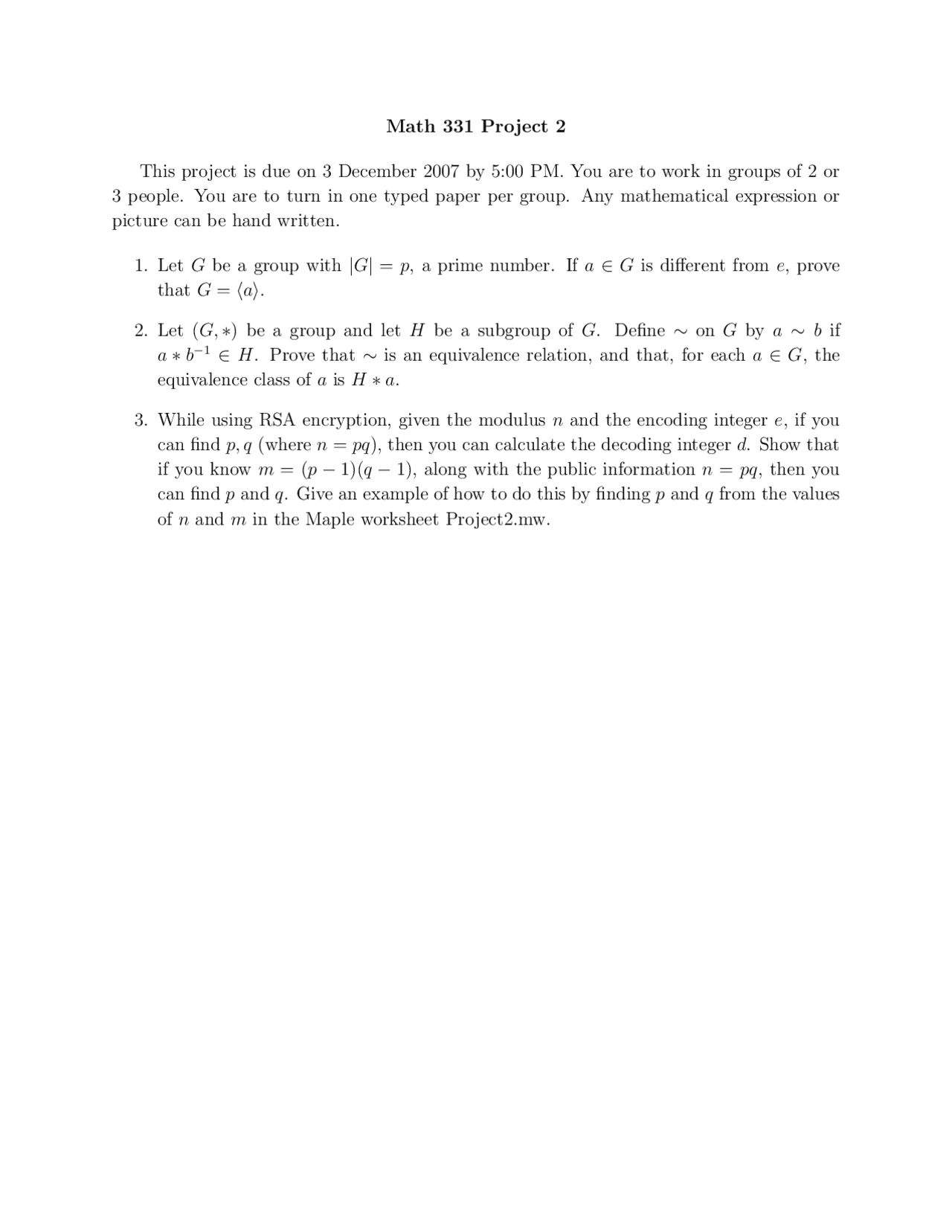 Introduction To Modern Algebra Project 2 Notes Math 331 Docsity
