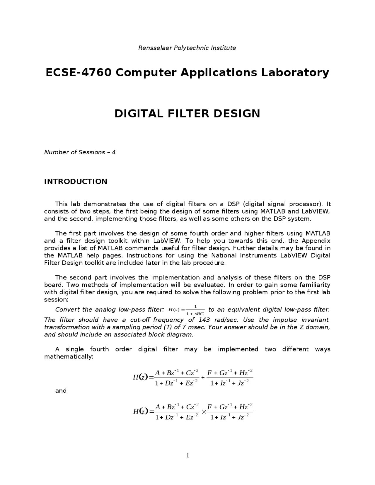 Lecture Notes On Digital Filter Design Ecse 4760 Docsity