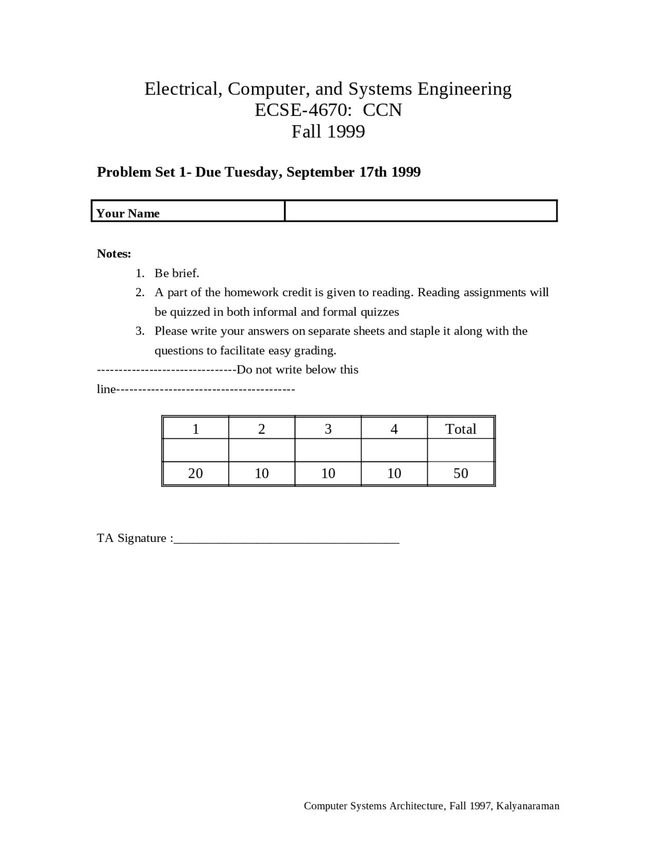 Problem Set 1 With Questions On Computer Communication Networks Ecse 4670 Docsity