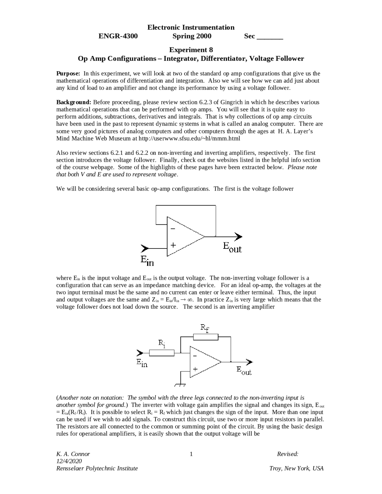 Op Amp Configurations Integrator Differentiator Voltage Follower
