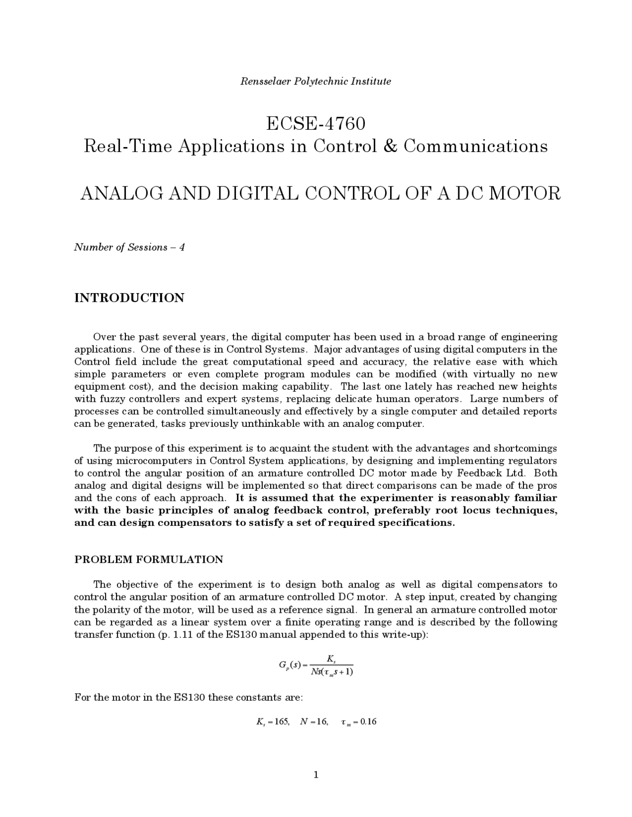 Analog And Digital Control Of A Dc Motor Notes Ecse 4760 Docsity