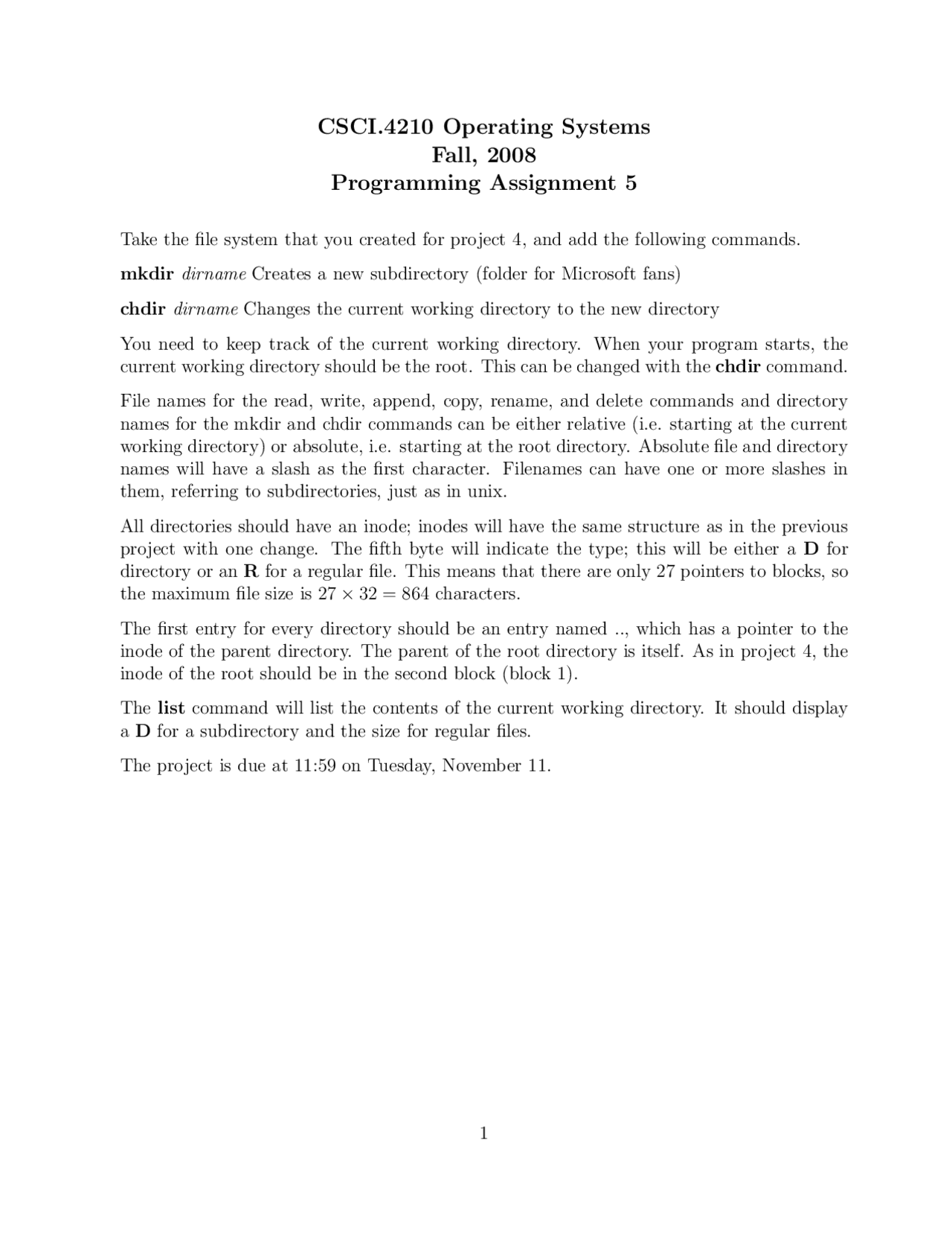 Assignment 5 Operating Systems Fall 2008 Csci 4210 Assignments