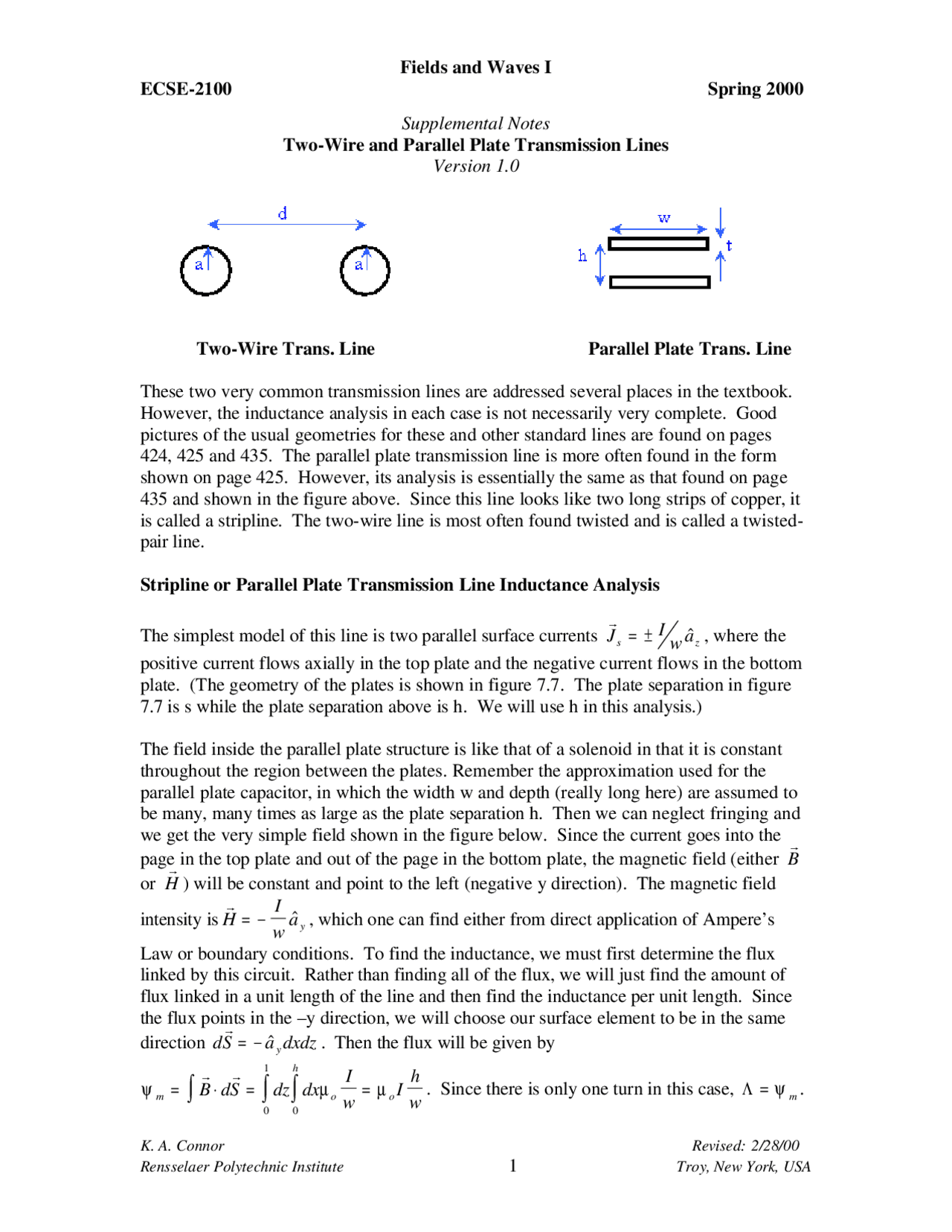 Notes On Field And Wave I 2 Wire Or Parallel Plate Transmission Lines