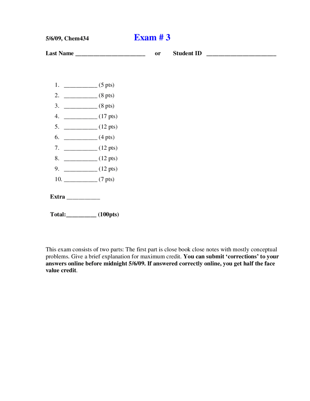 10 Questions In Physical Chemistry Exam 3 Chem 434 Docsity