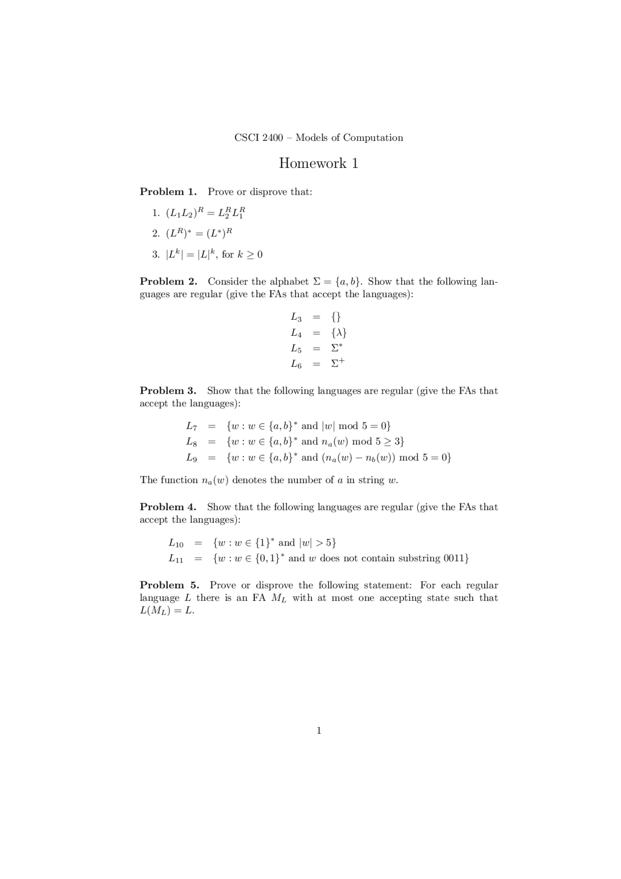 Assignment 1 Models Of Computation Csci 2400 Docsity