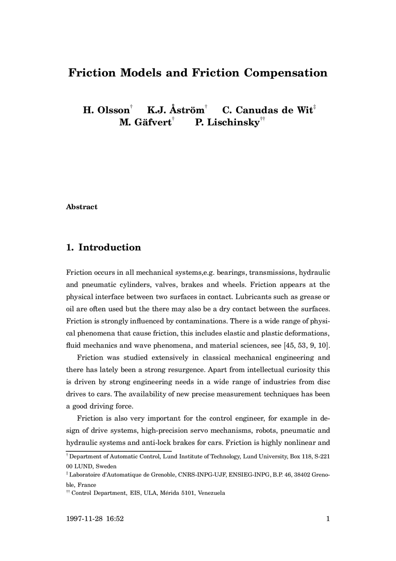 Lecture Notes On Friction Models And Friction Compensation Ecse 4962