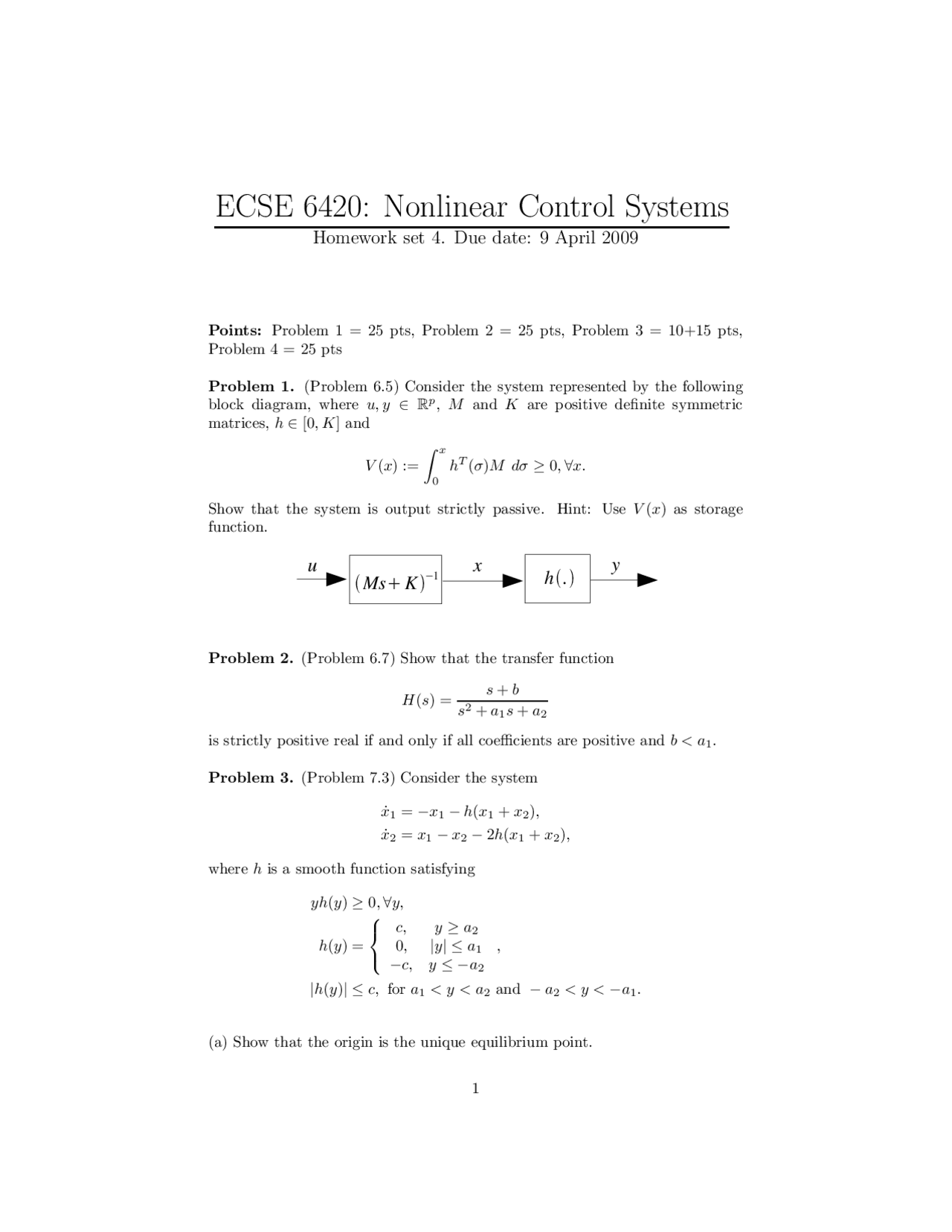 Nonlinear Control Systems Homework Set 4 Questions Ecse 6420 Docsity