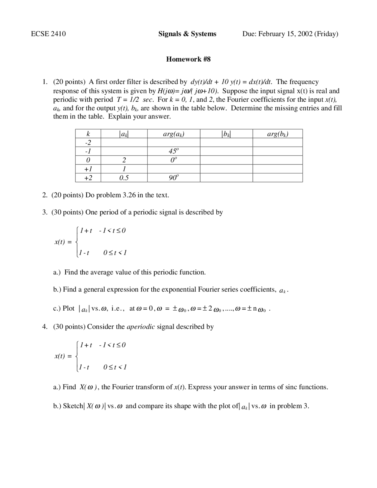Homework 8 Signals And Systems Fall 2002 Ecse 2410 Docsity
