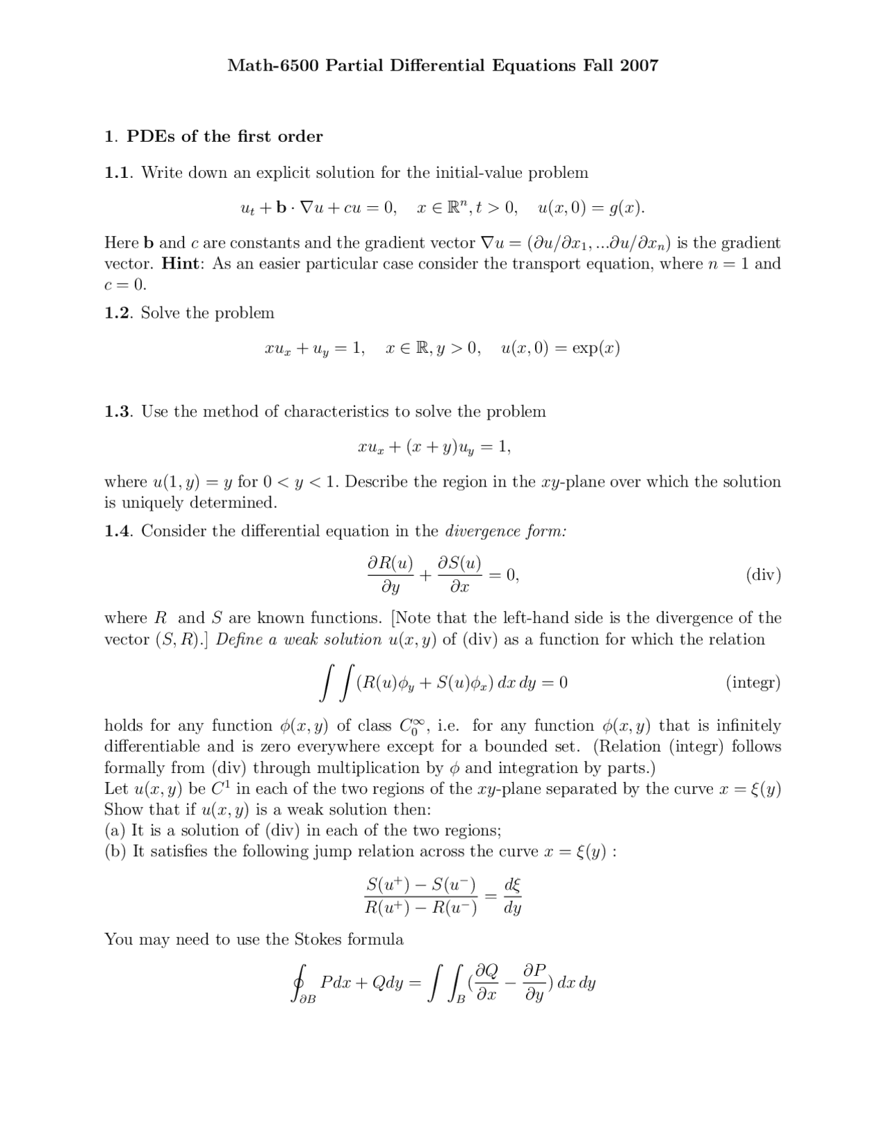 Partial Differential Equations Old Exam 2007 Math 6500 Docsity
