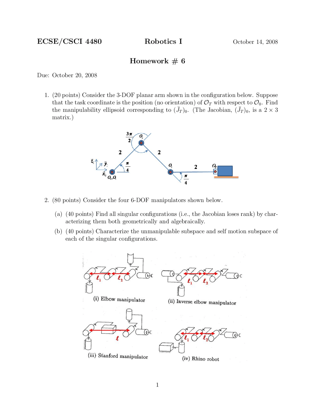 Assignment 6 For Robotics I 2 Questions Csci 4480 Docsity