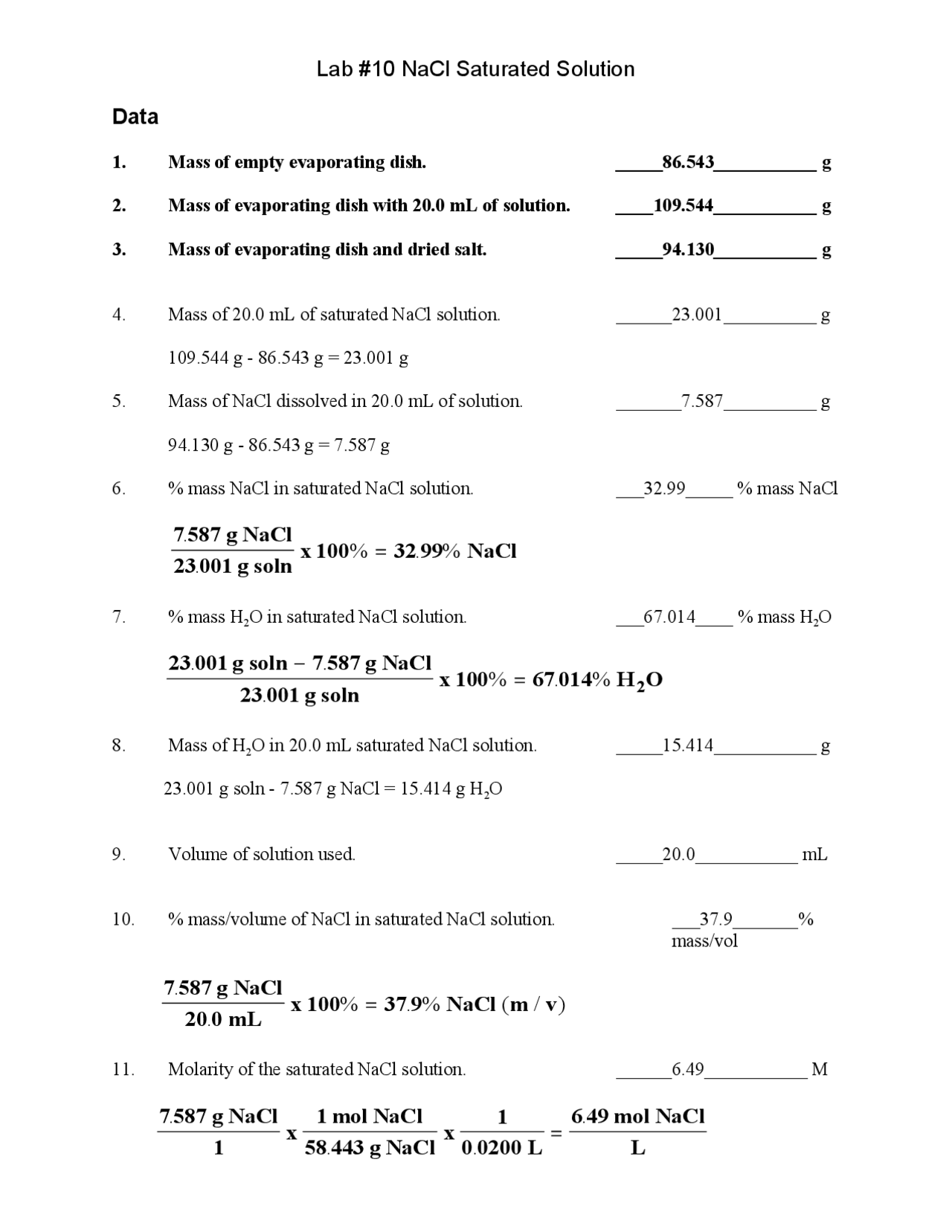 Laboratory 10: NaCl Saturated Solution | CHE 100 - Docsity
