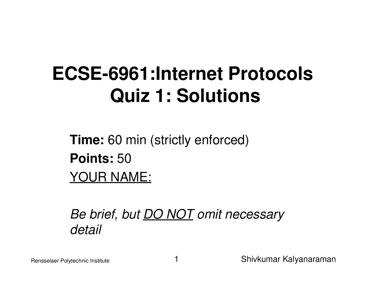 Quiz One With Solutions For Internet Protocols Ecse 6961 Docsity