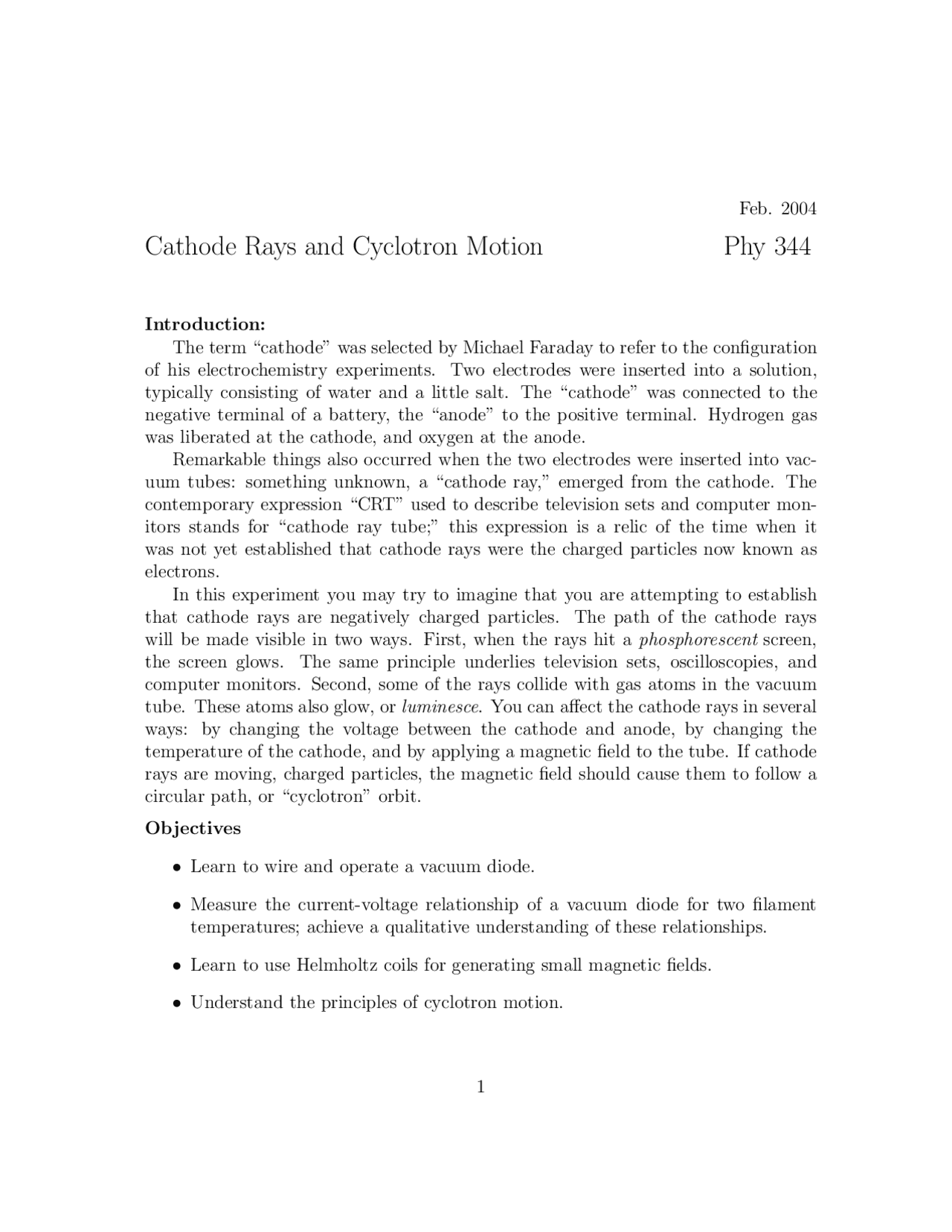 Cathode Rays And Cyclotron Motion Fall 2004 Phy 344 Docsity
