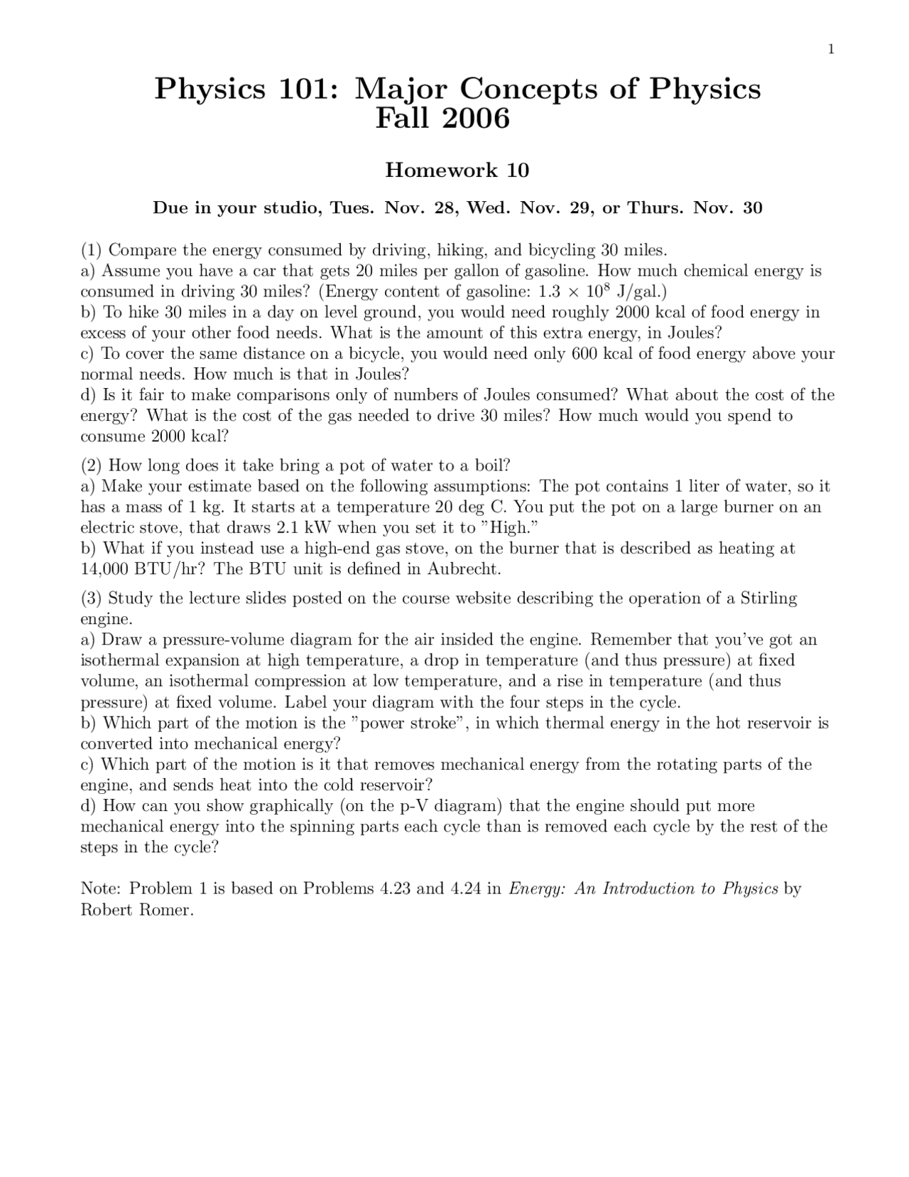 Homework 10 Problems Major Concepts Of Physics I 2006 Phy 101