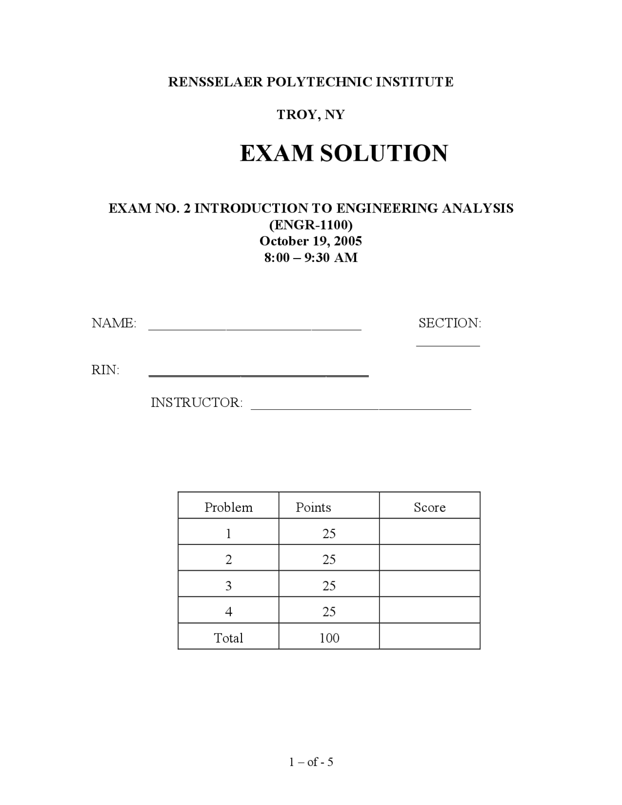 4 Problems Exam Solution Introduction To Engineering Analysis Engr